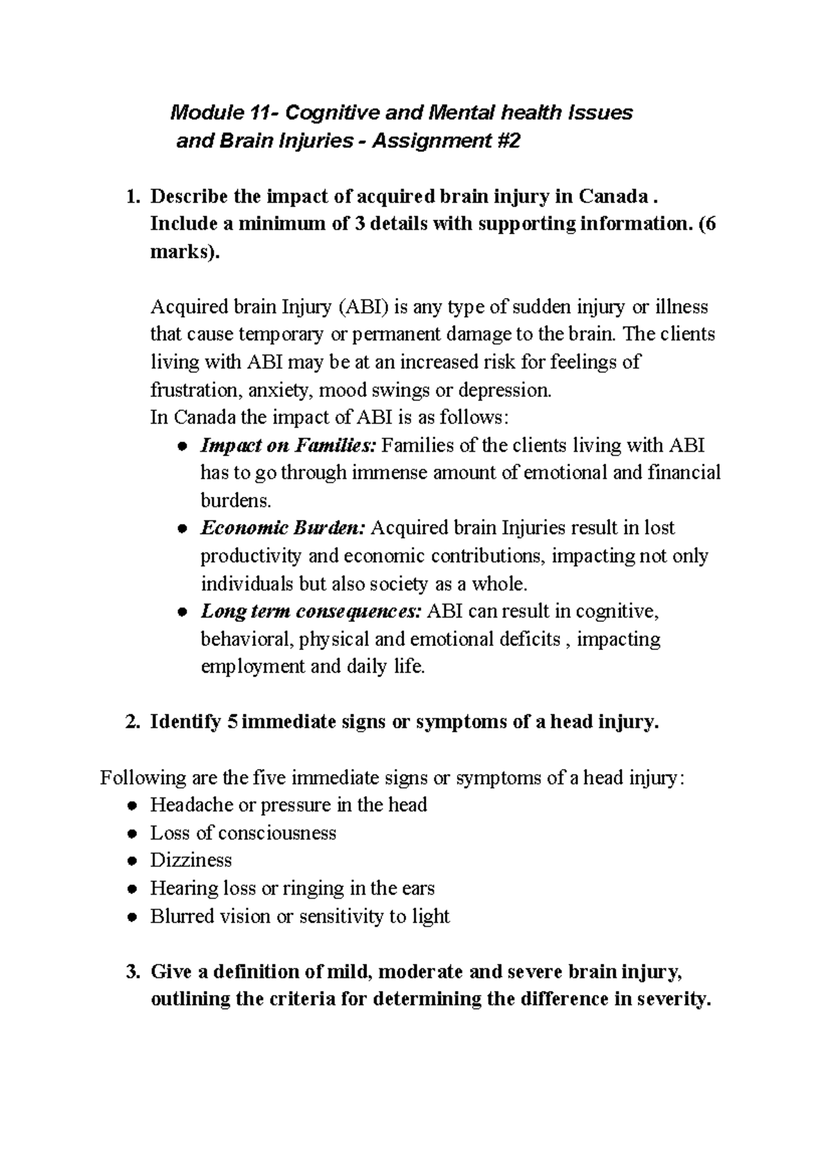 Module 11 Assignment Part 2: Cognitive & Mental Health Impacts of ABI ...