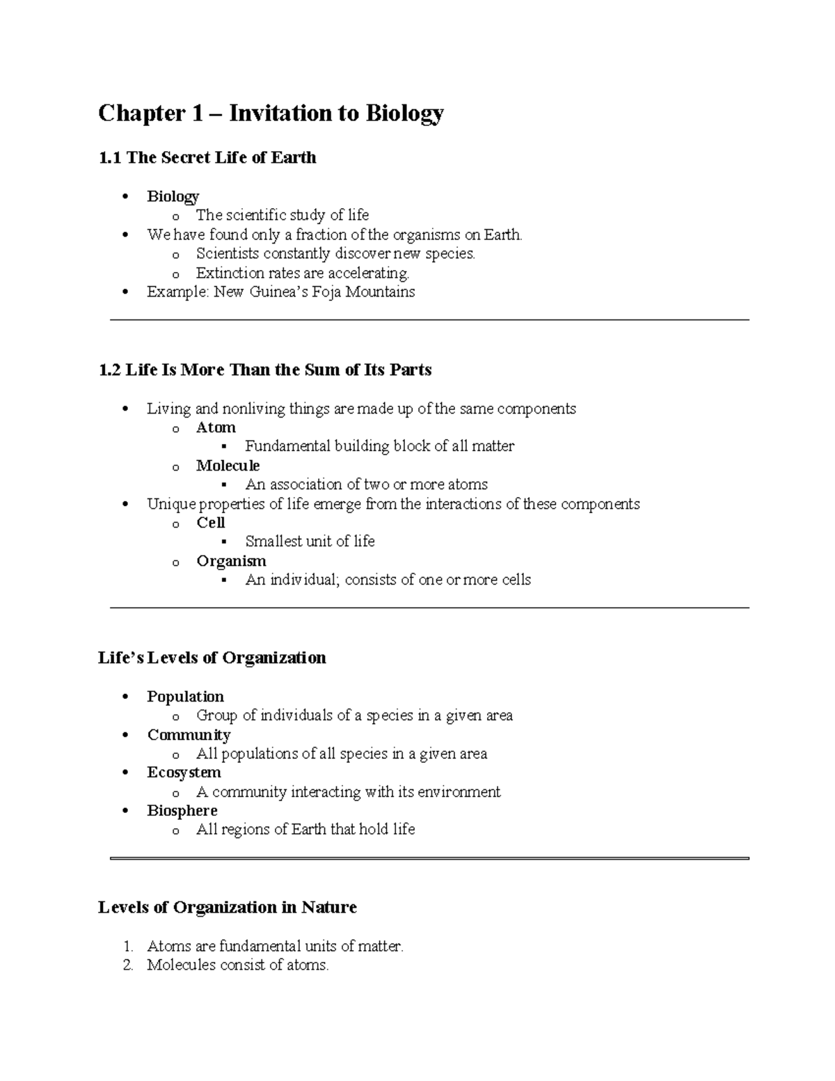 Biology 101: Chapter 1 & 2 Overview and Key Concepts - Studocu