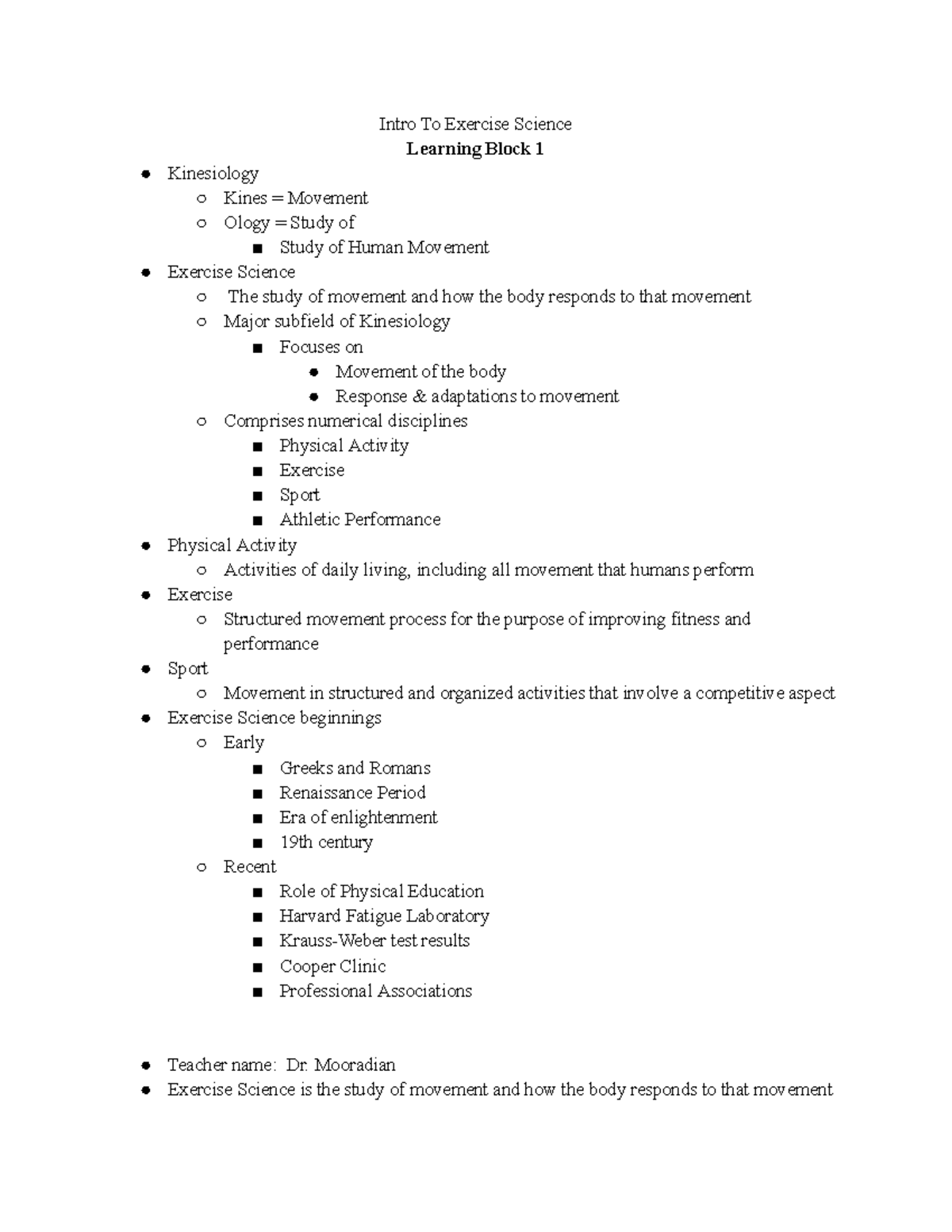 Intro to Exercise Science: Learning Block 1 KIN 101 - Movement ...