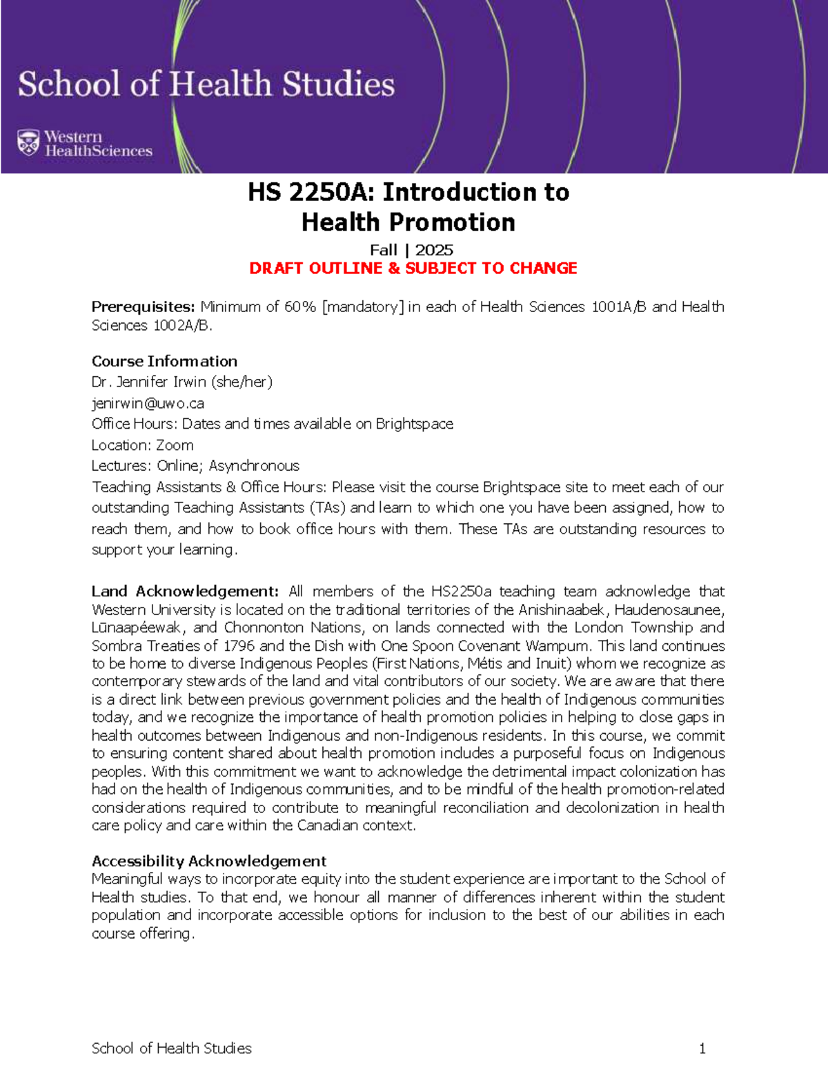 HS 2250A: Health Promotion Course Outline - Fall 2025 Draft - Studocu