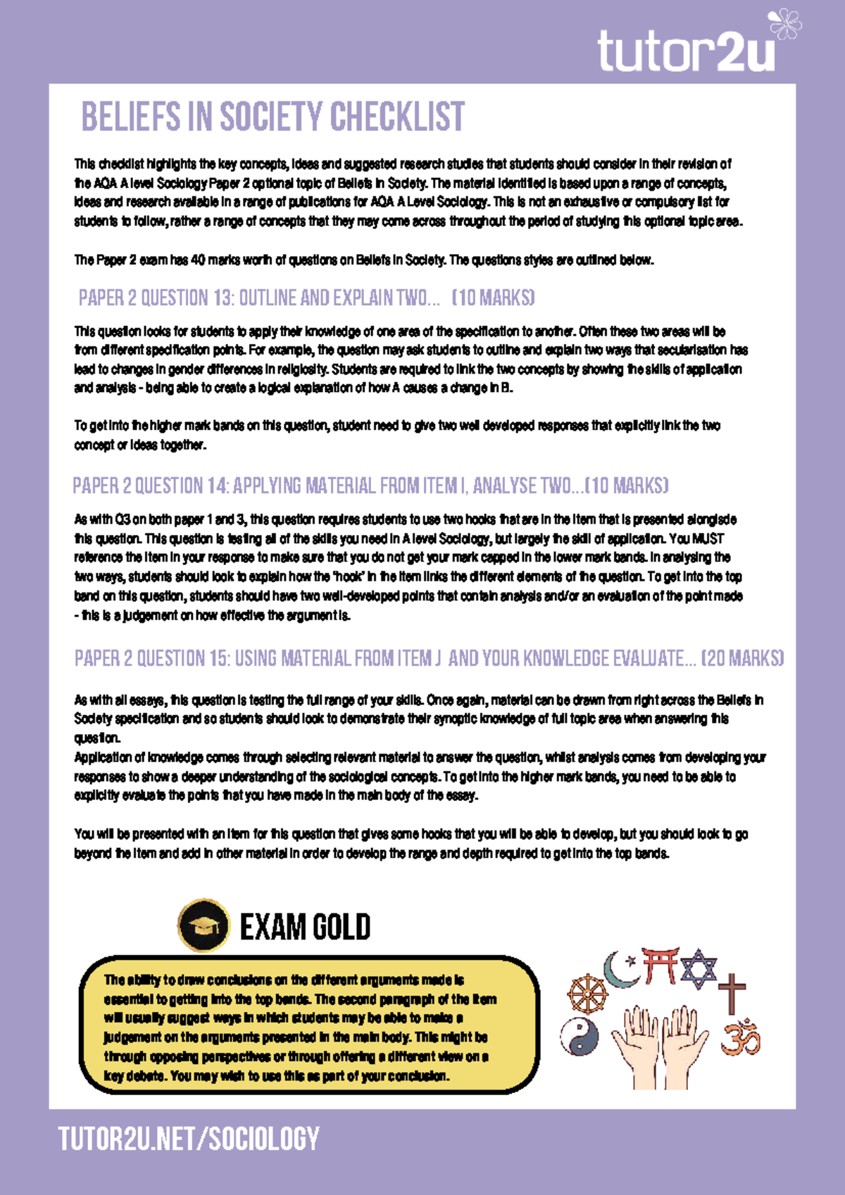 AQA A Level Sociology Paper 2: Beliefs in Society Revision Checklist ...