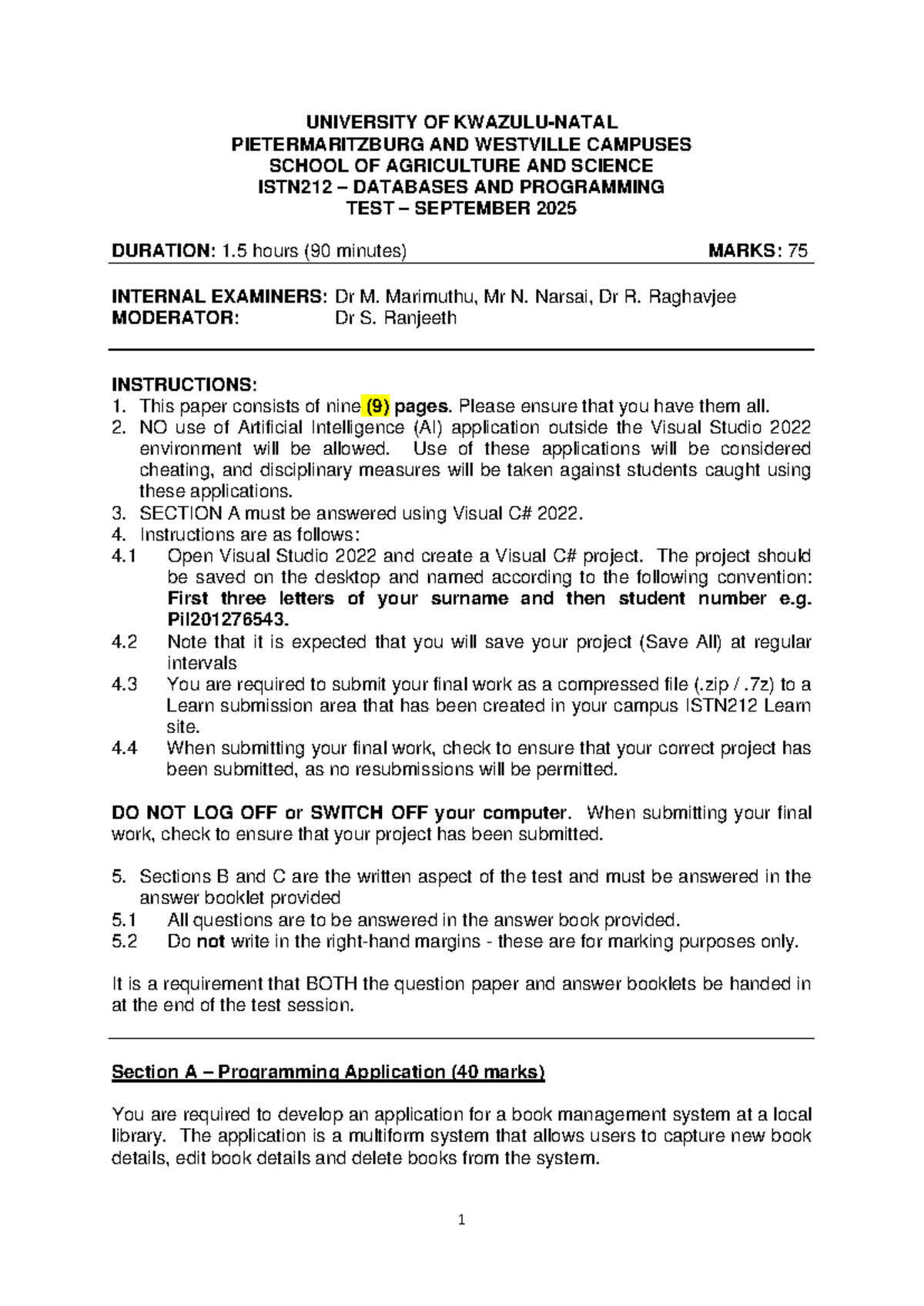 ISTN212 Databases & Programming Test - September 2025 - Studocu