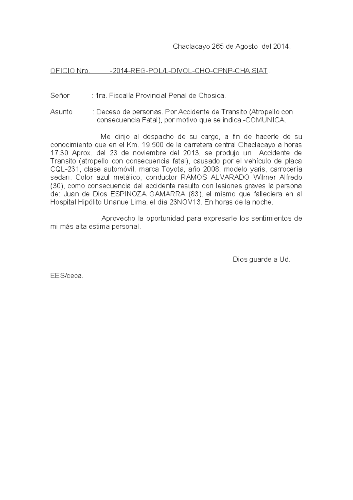 Comunicado Fiscal sobre Deceso por Accidente de Tránsito - Studocu