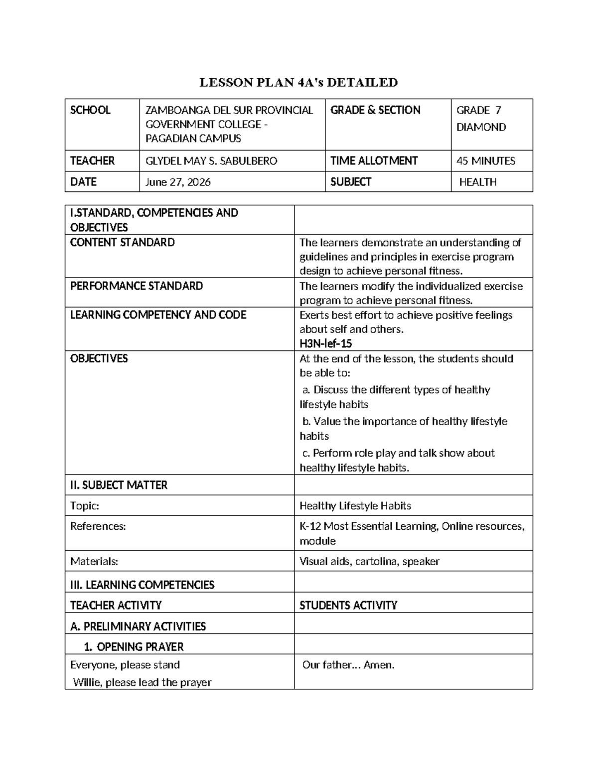 HEALTHY LIFESTYLE HABITS LESSON PLAN GRADE 7 DIAMOND (4AS) - Studocu