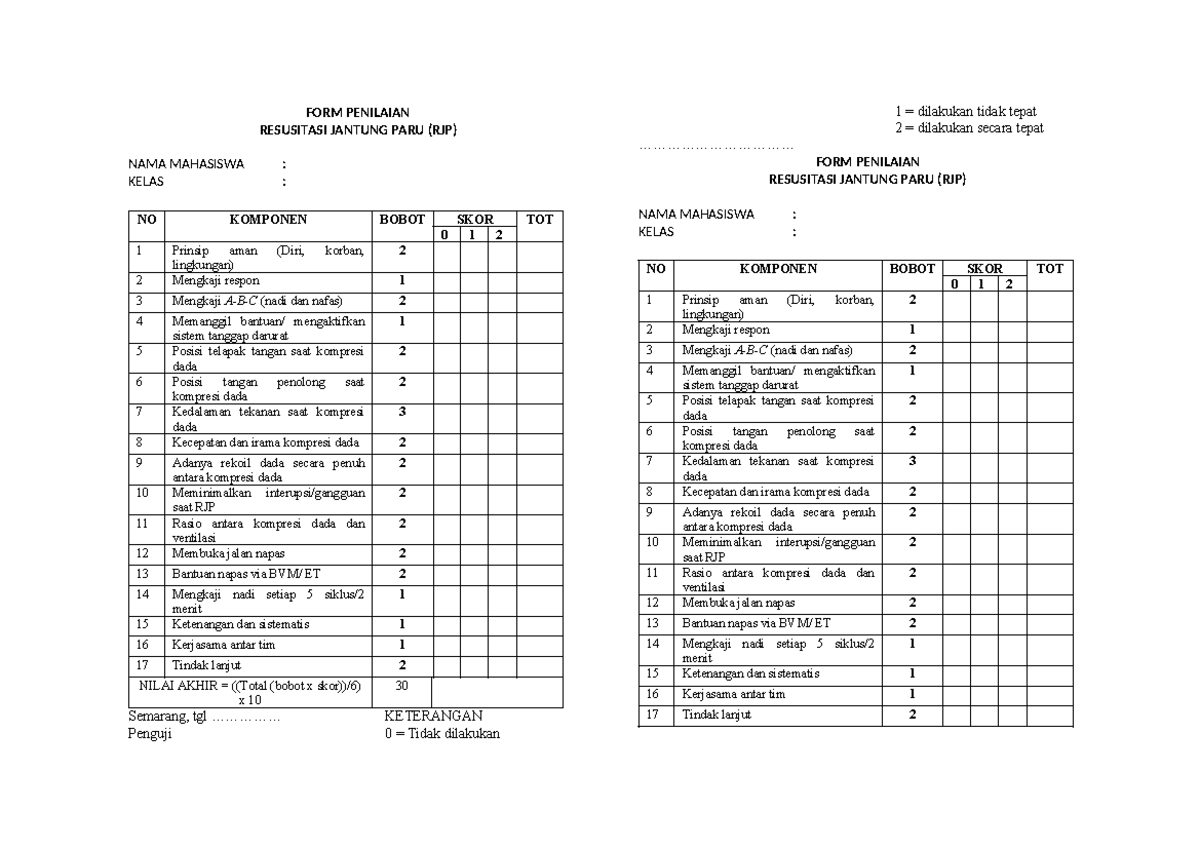 FORM Penilaian RJP untuk Mahasiswa - Evaluasi Skill dan Skor - Studocu