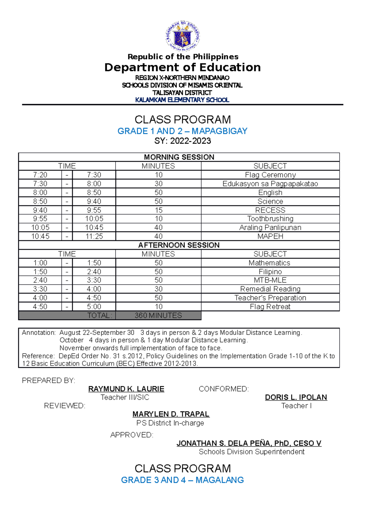 Class Program for SY 2022-2023: Grades 1 to 6 at Kalamkam Elementary ...
