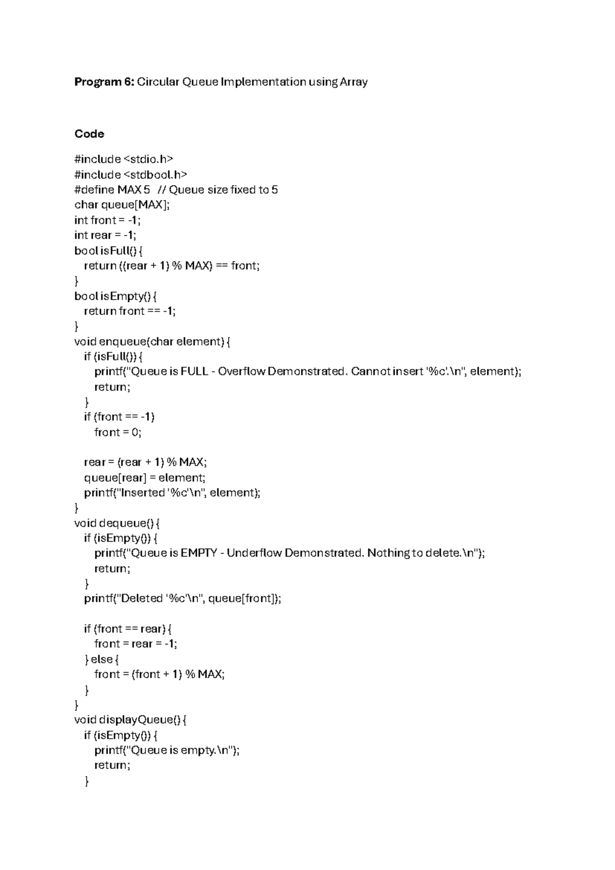 Program 6: Circular Queue Implementation in C - Array Code - Studocu