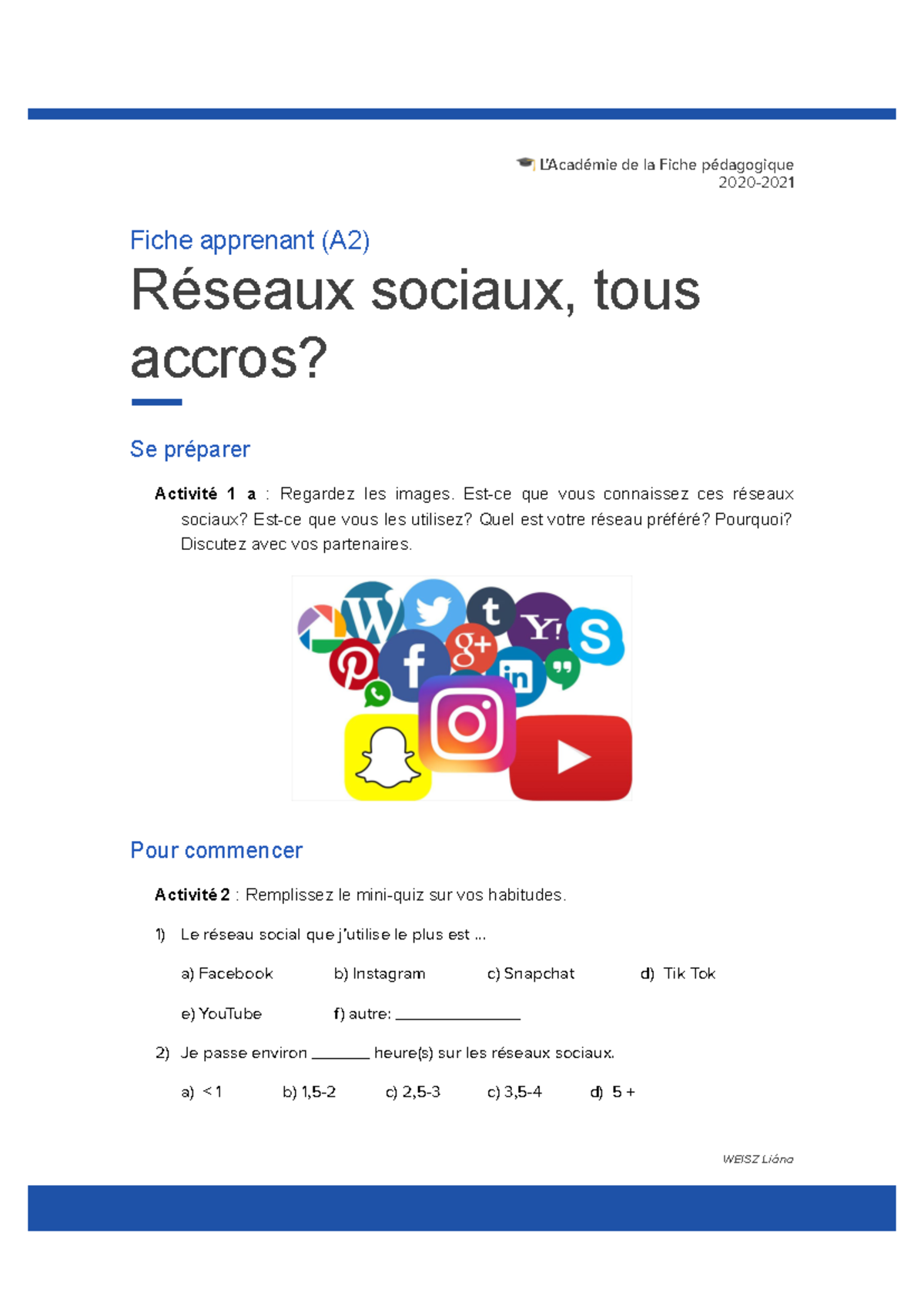 Activités de Réseaux Sociaux - Fiche Apprenant A2 (Français) - Studeersnel