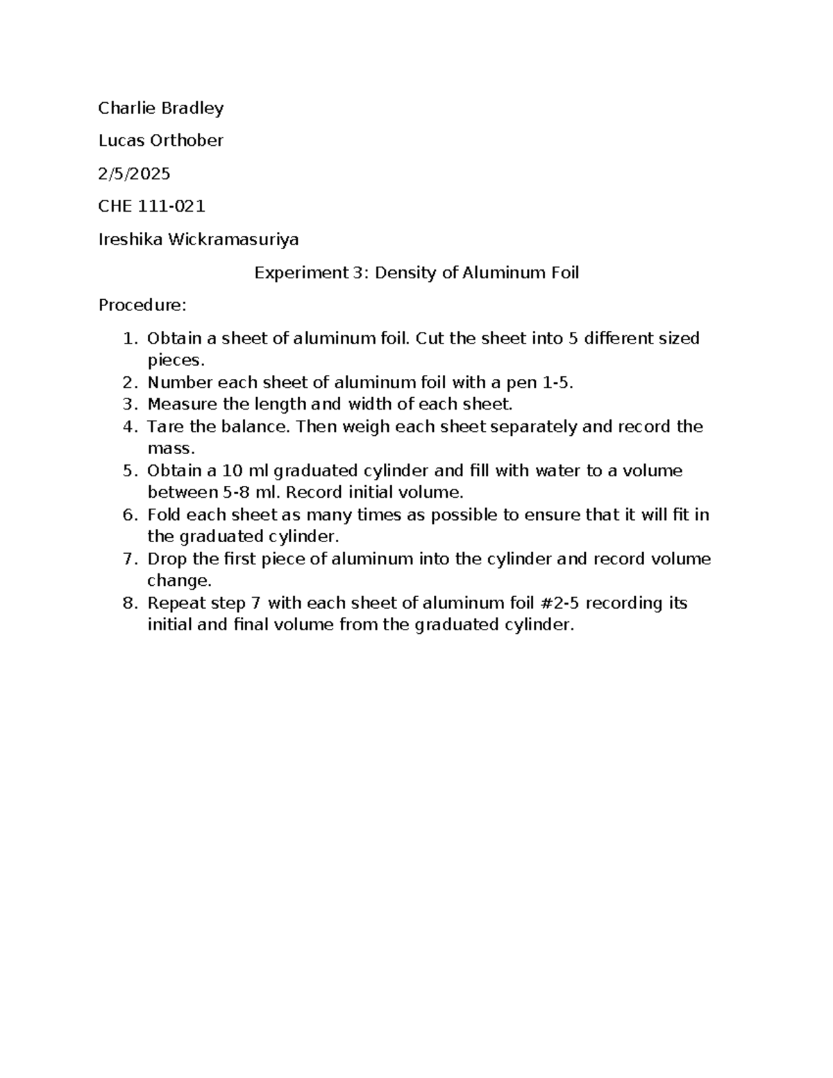 CHE 111 - Experiment 3: Measuring Density of Aluminum Foil - Studocu
