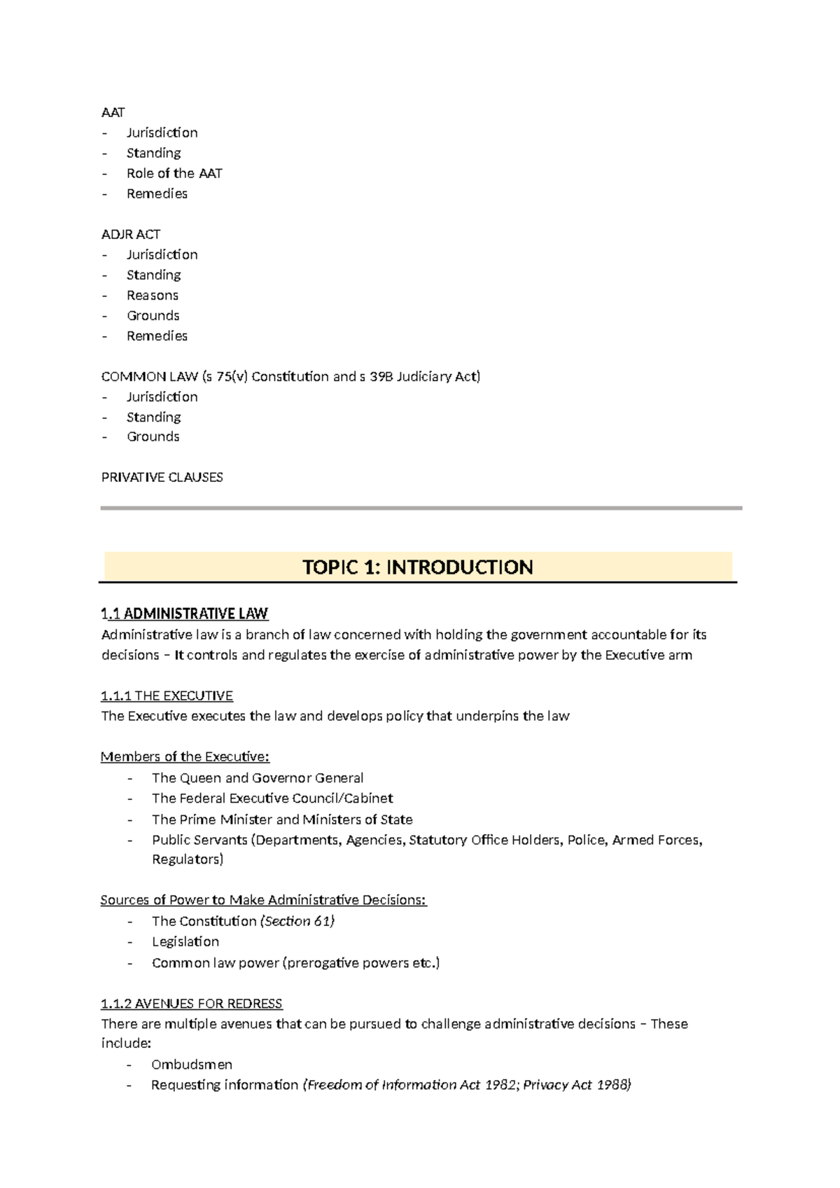 Admin Law (ADMIN101) Final Exam Notes on AAT and ADJR Act - Studocu