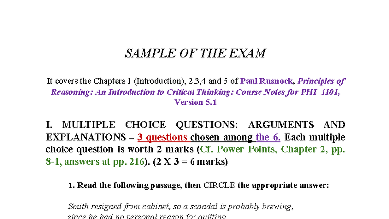 Exam 1 Sample Questions for PHI 1101 D00 Fall 2025 - Studocu