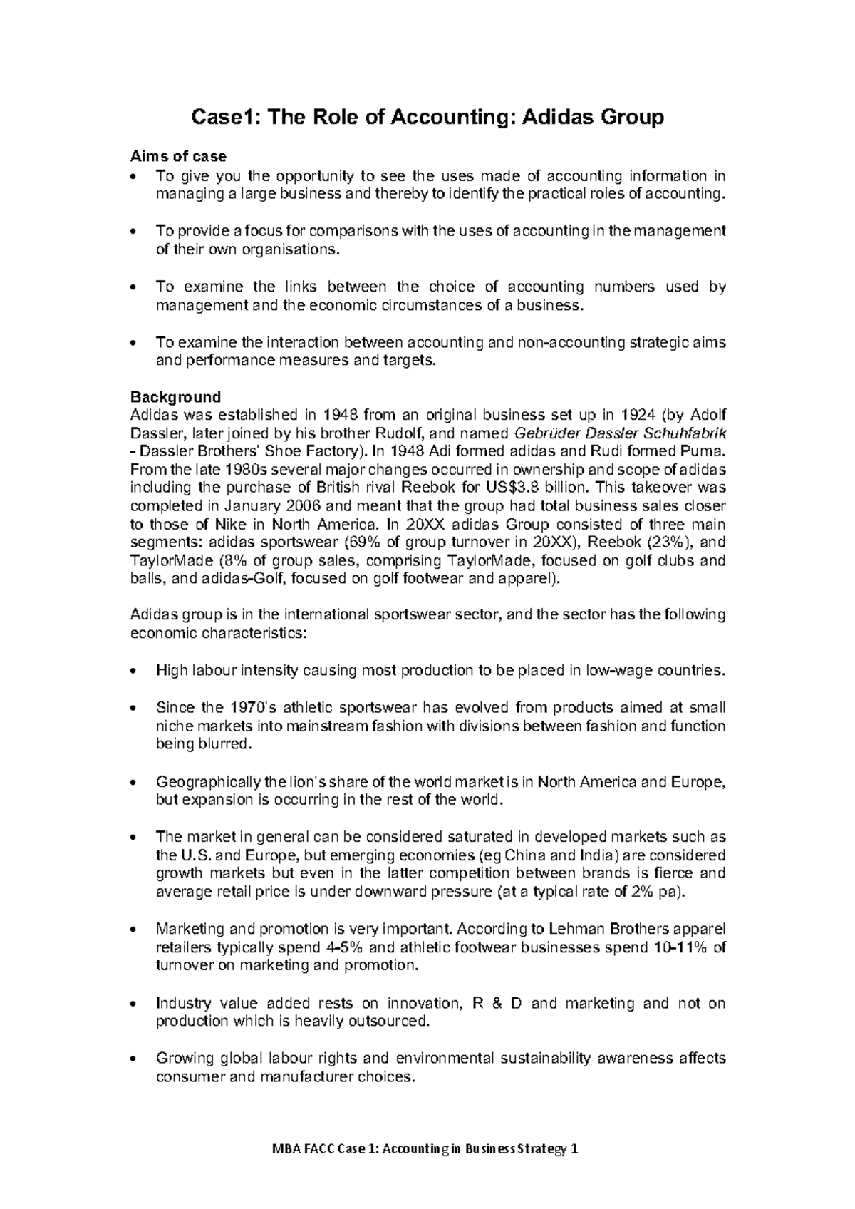 MBA FACC Case 1: The Role of Accounting in Adidas Group - Studocu