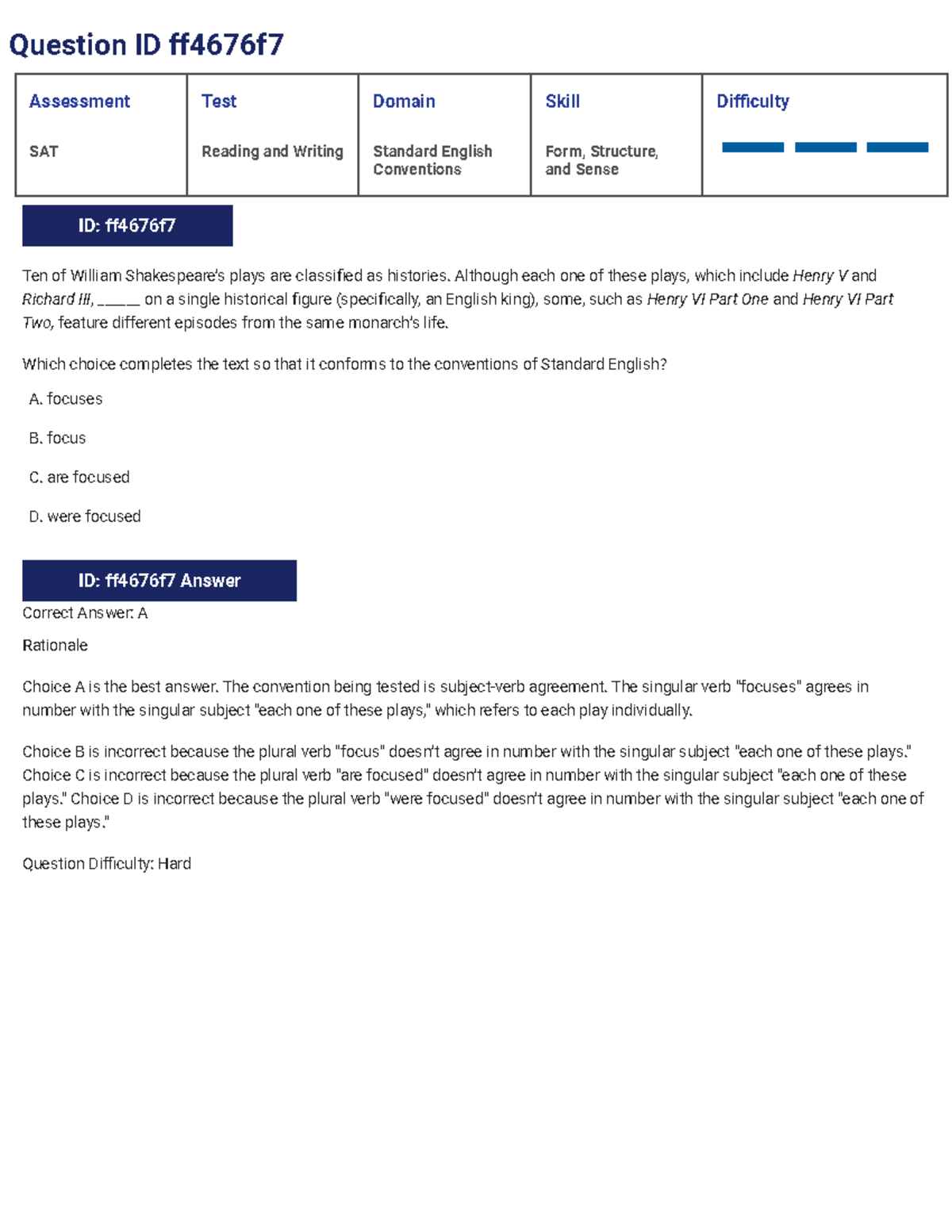 Assessment Test: SAT Reading and Writing Standard English Conventions ...