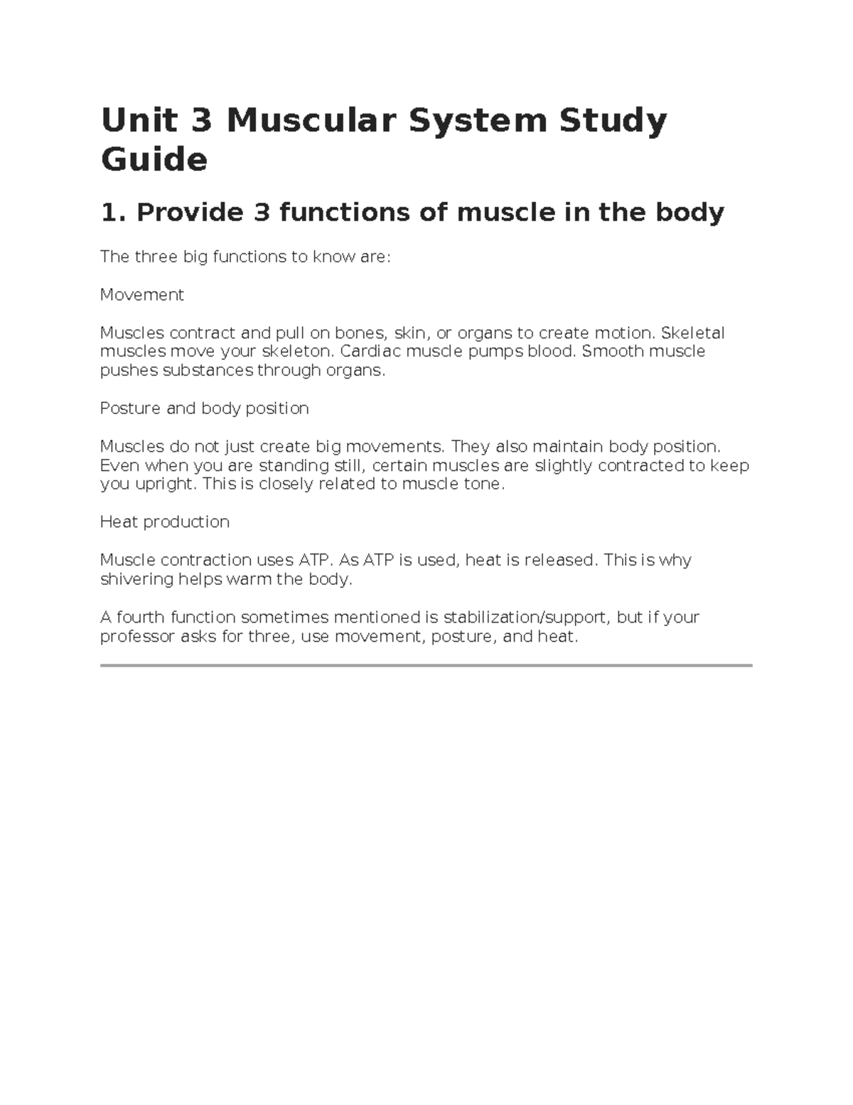 Unit 3 Muscular System Study Guide: Key Functions & Muscle Types - Studocu