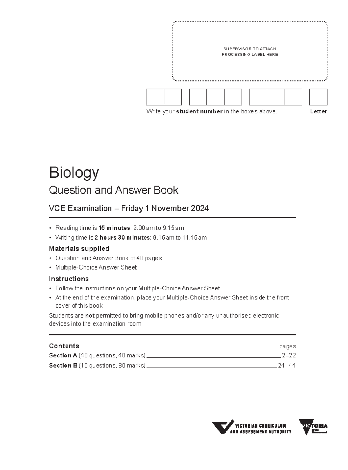 2025 VCE Biology - Final Exam Question and Answer Book - Studocu