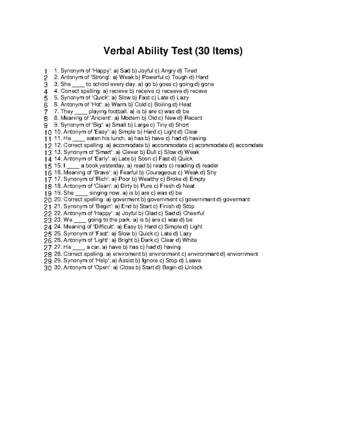 Verbal Ability Test (30 Items) - Practice Questions - Studocu