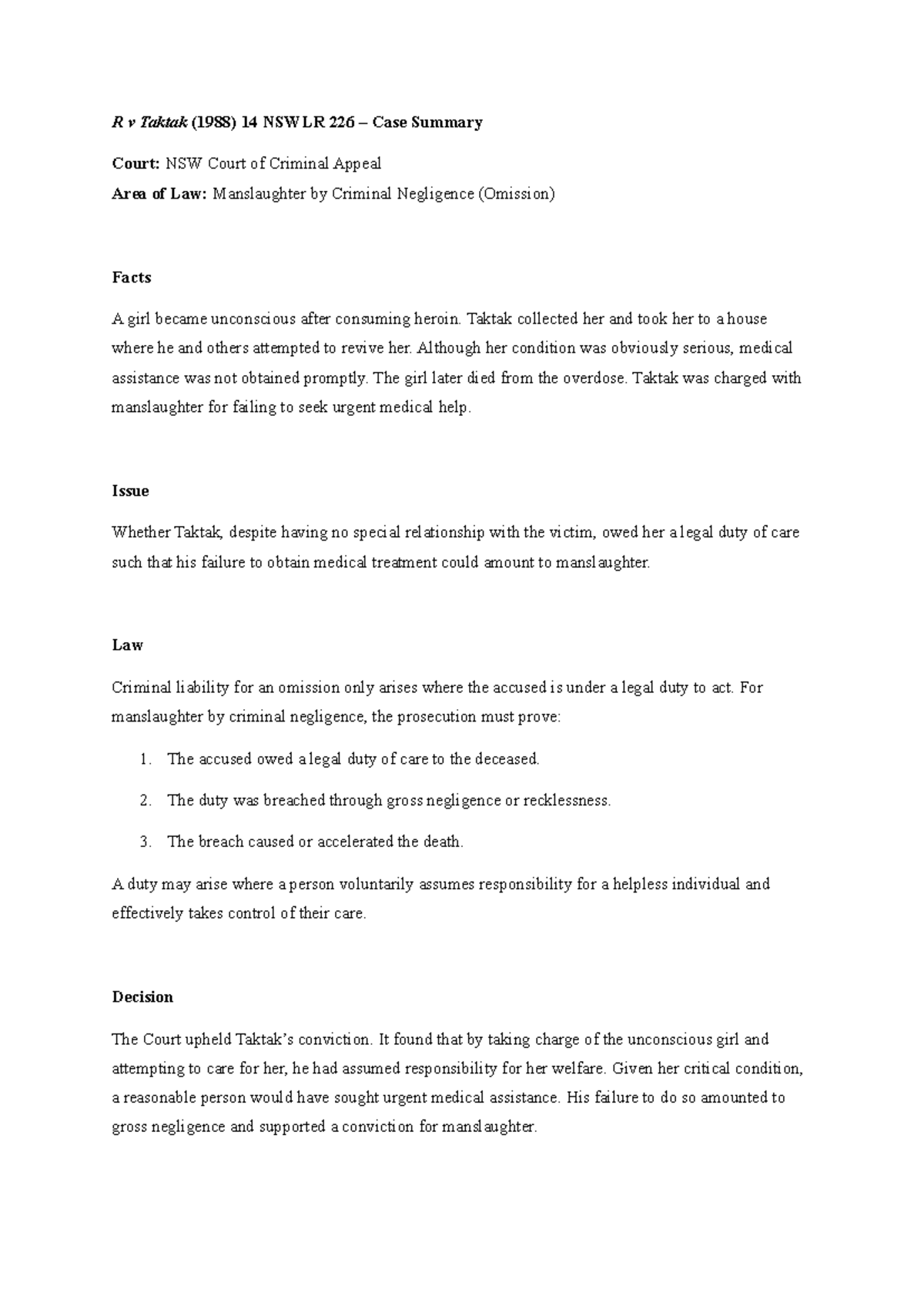 R v Taktak (1988) 14 NSWLR 226: Manslaughter Case Summary - Studocu