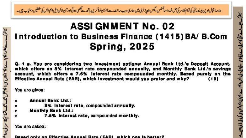 1415-2: AIOU Solved Assignment on Business Finance - Spring 2025 - Studocu