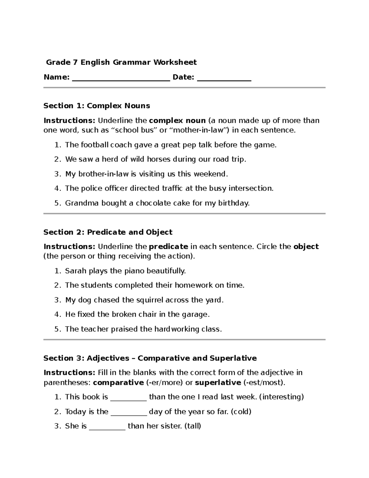 Grade 7 English Grammar Worksheet: Complex Nouns & Superlatives - Studocu