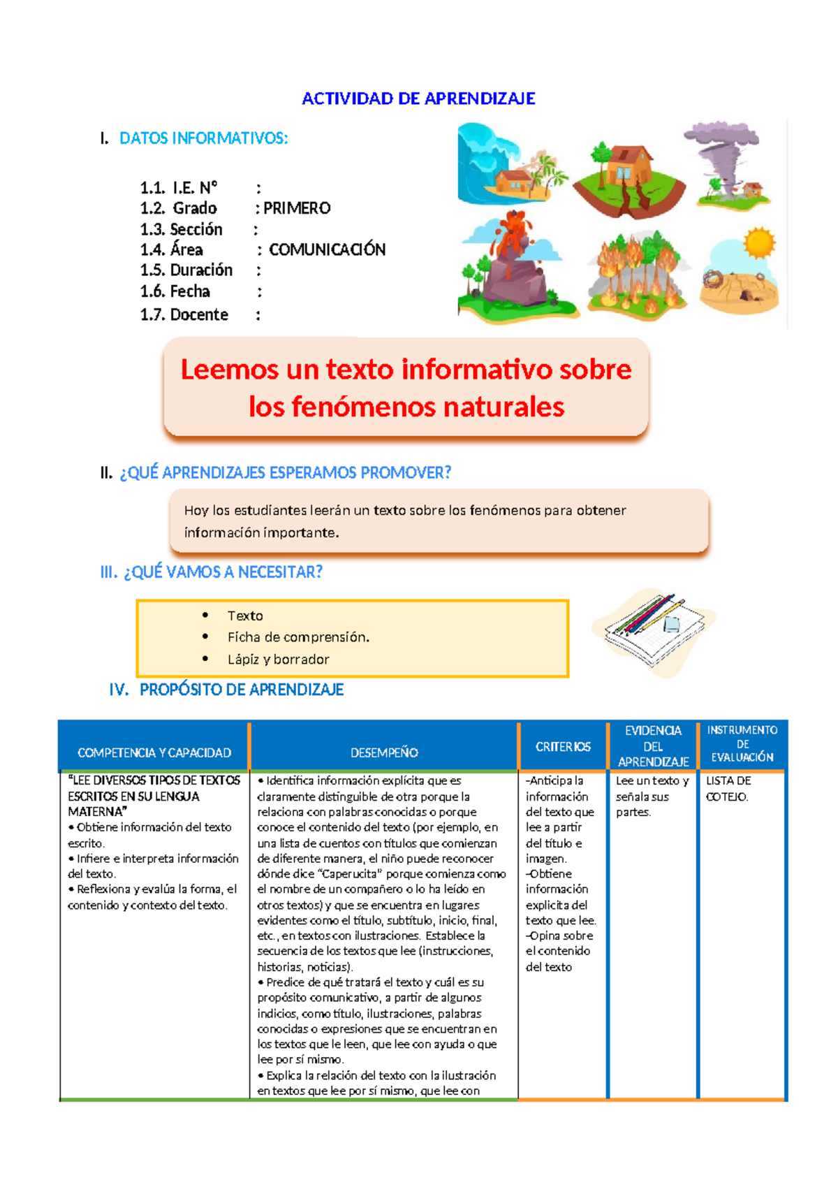 D4 A1 Sesión COM: Lectura de Texto Informativo sobre Fenómenos ...