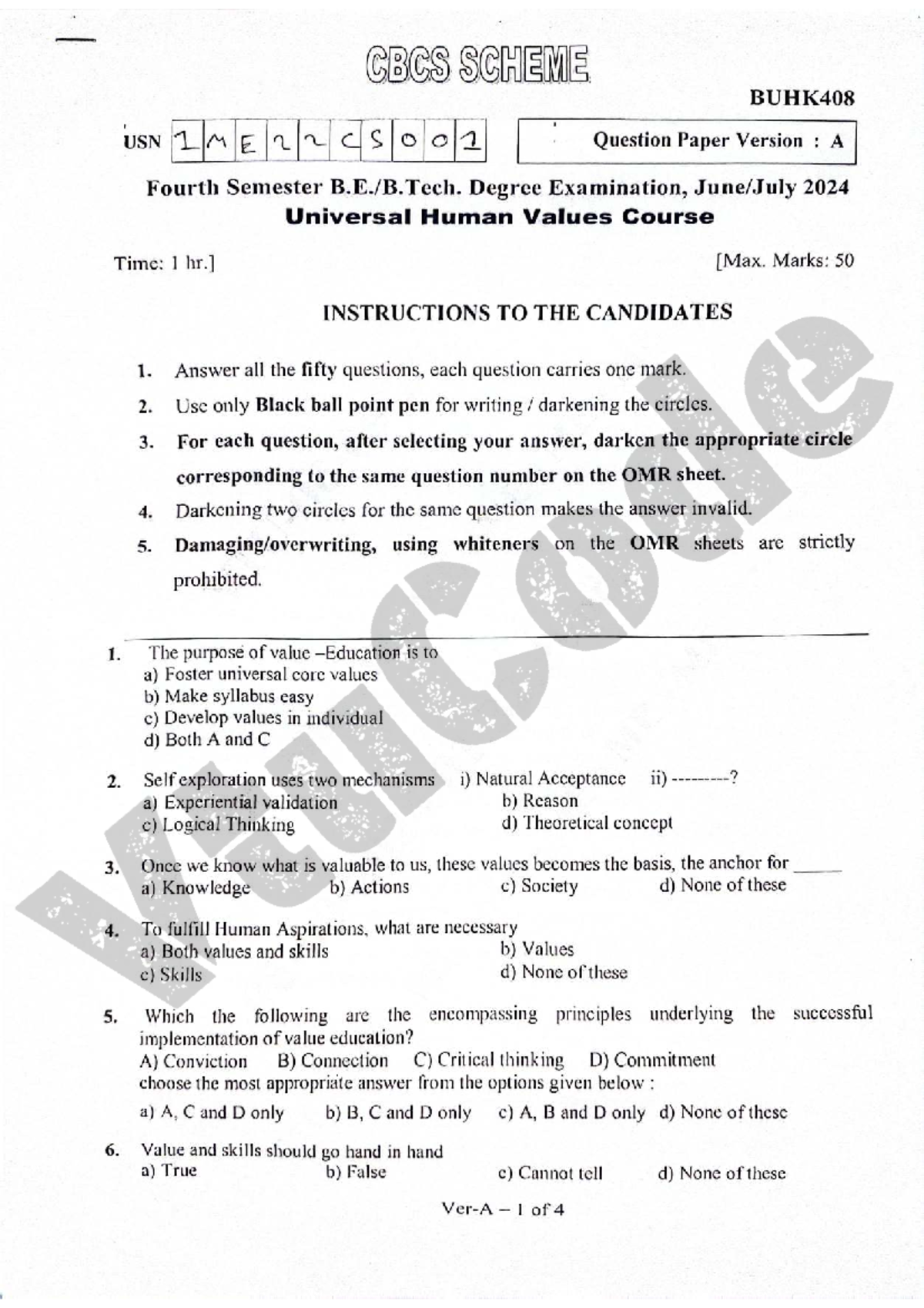 BUHK408 Fourth Sem Exam: Universal Human Values Question Paper A - Studocu
