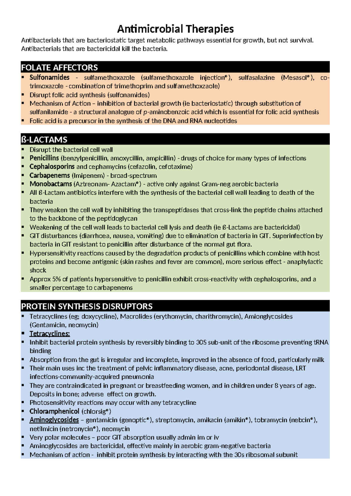 Antimicrobial Therapies Summary: Key Concepts and Mechanisms - Studocu