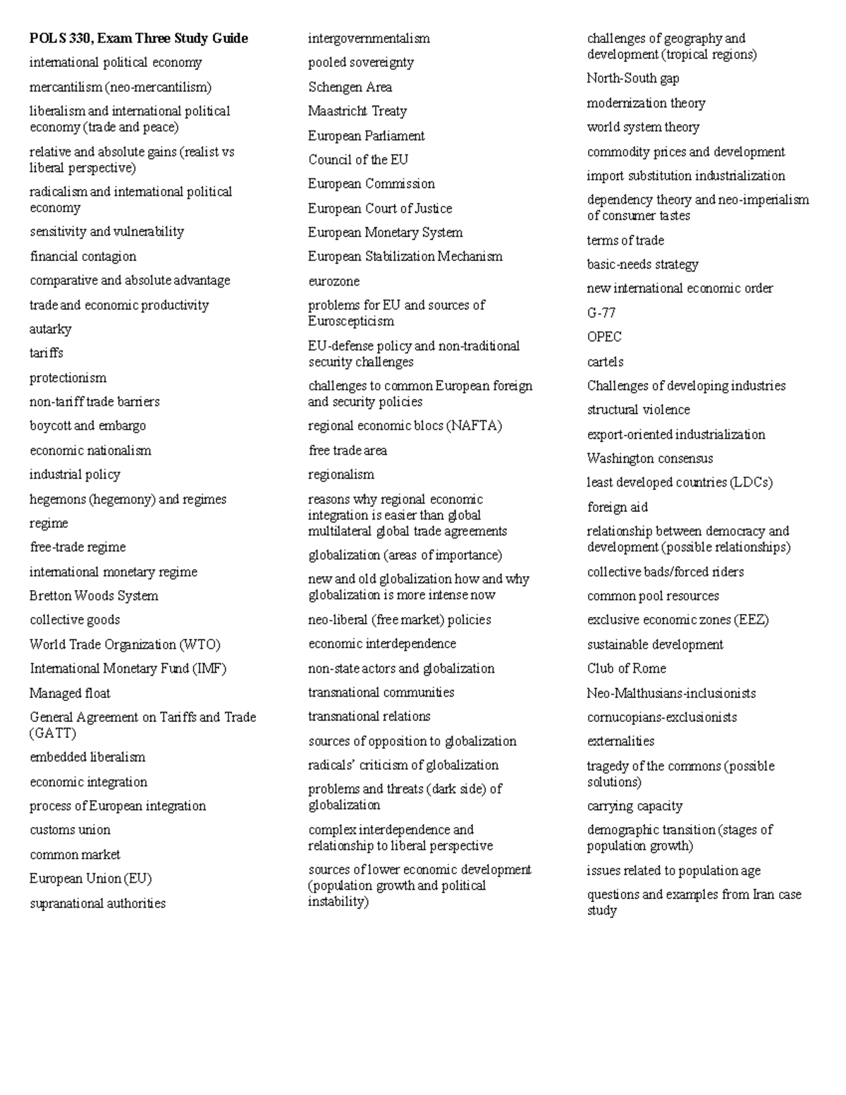 POLS 330 Final Exam Study Guide: International Political Economy ...