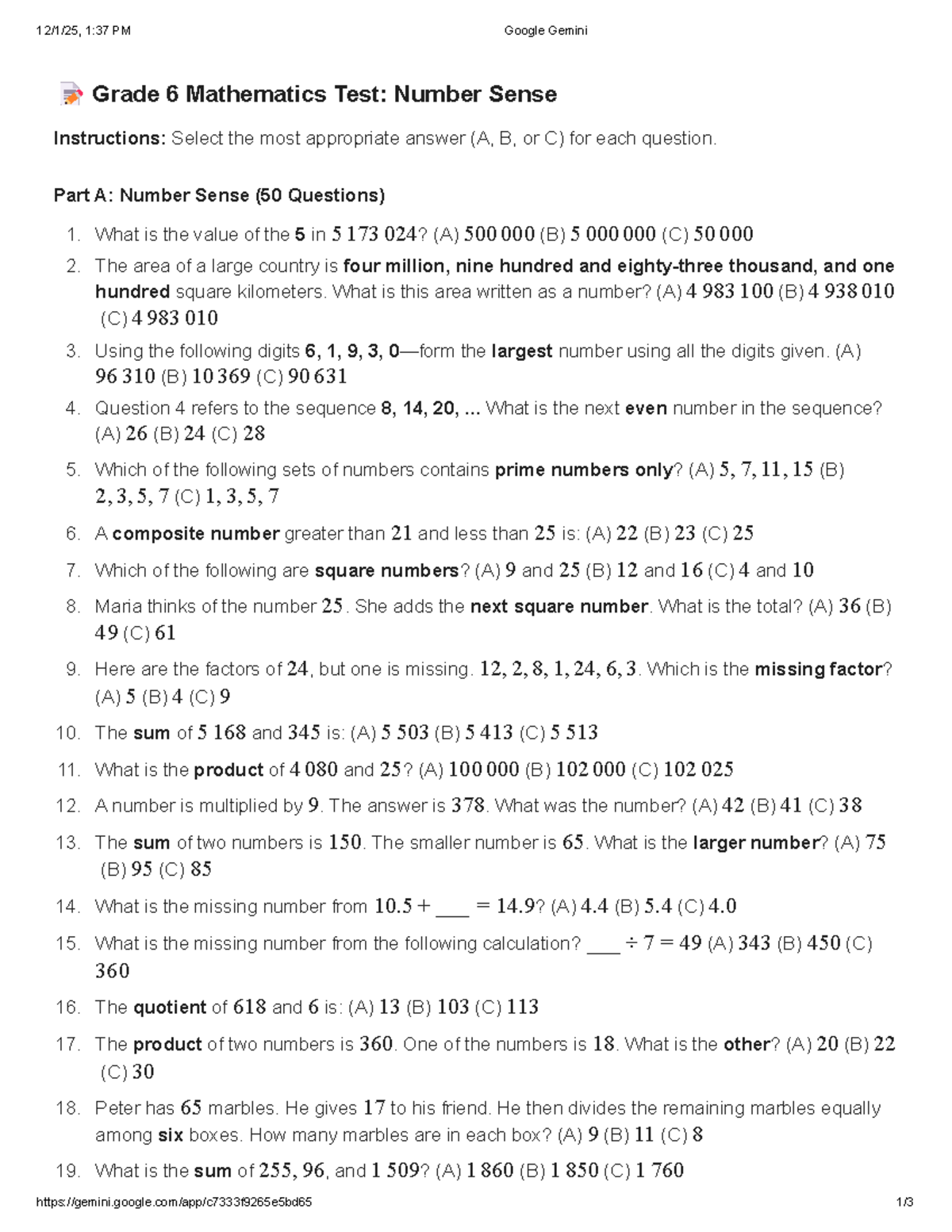 Grade 6 Math Test: Number Sense Practice (1:37 PM) - Studocu