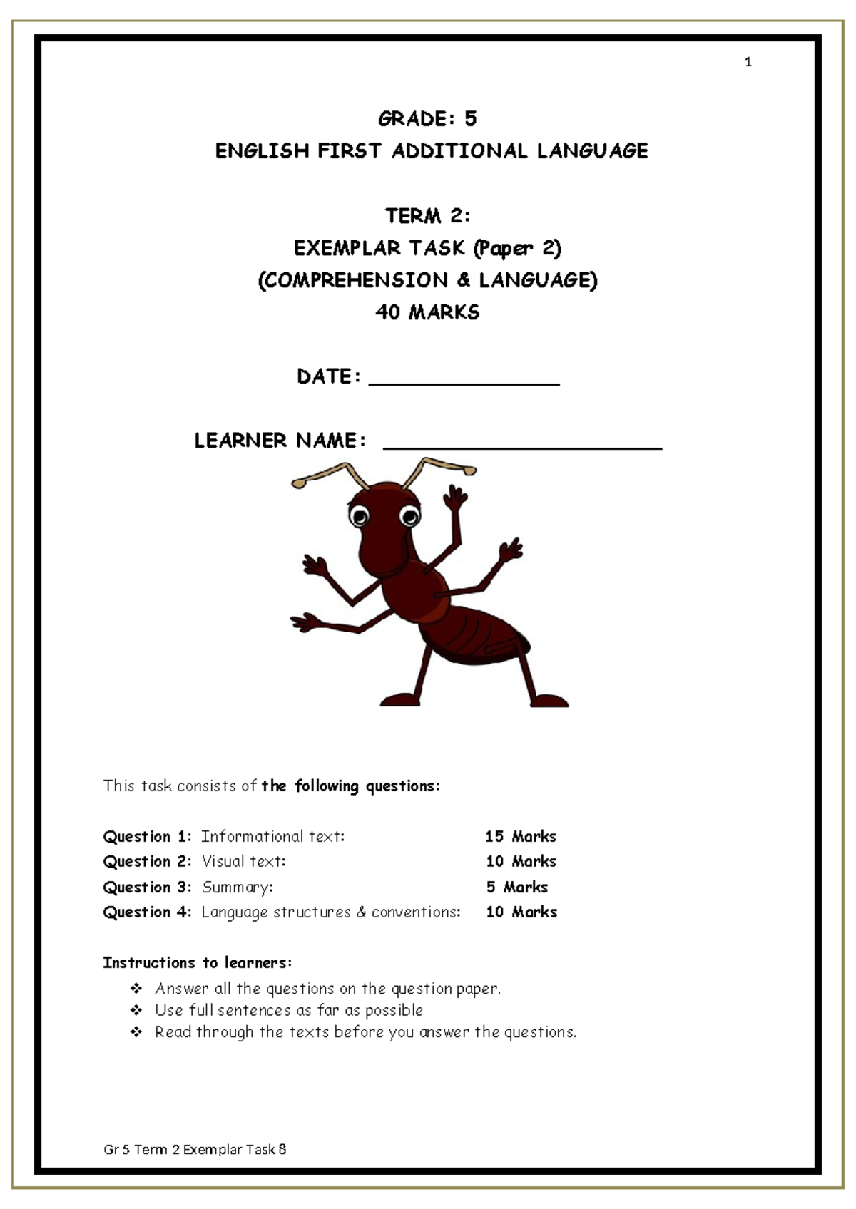 Grade 5 English FAL Term 2: Exemplar Task (Comprehension & Language ...