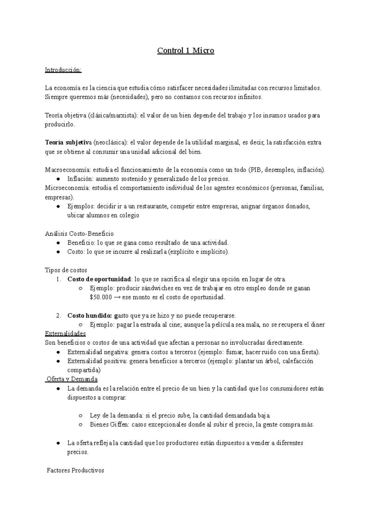 Resumen Control 1 Micro: Fundamentos de Economía y Teoría Económica ...