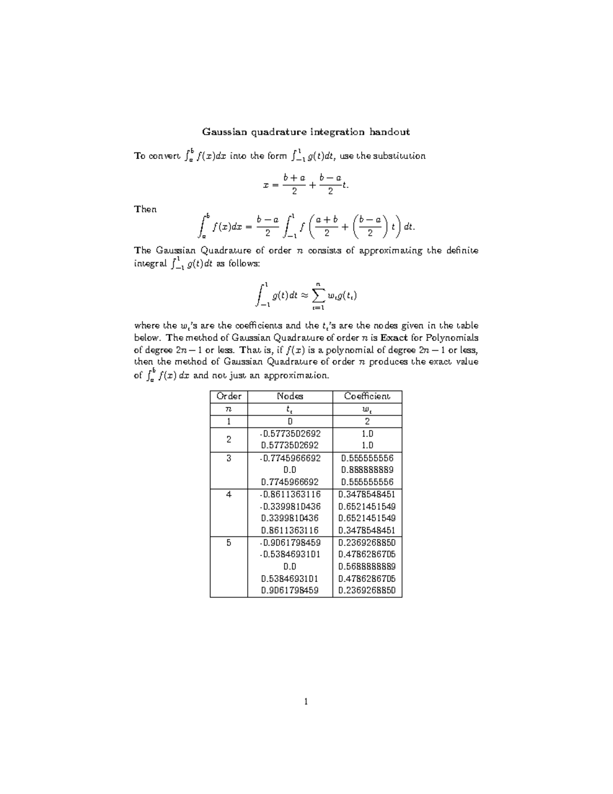 Gaussian Quadrature Integration Handout (Cheatsheet) - Studocu