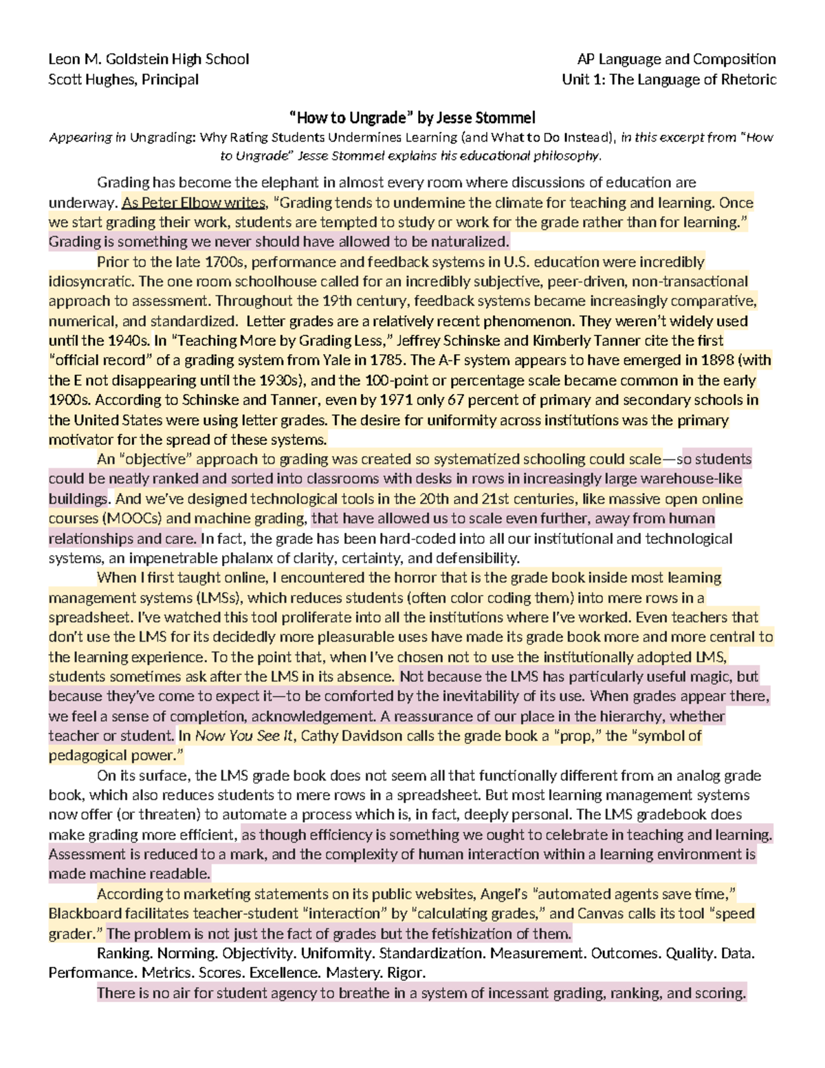 AP Lang & Comp Unit 1: Rethinking Grading Practices in Education - Studocu