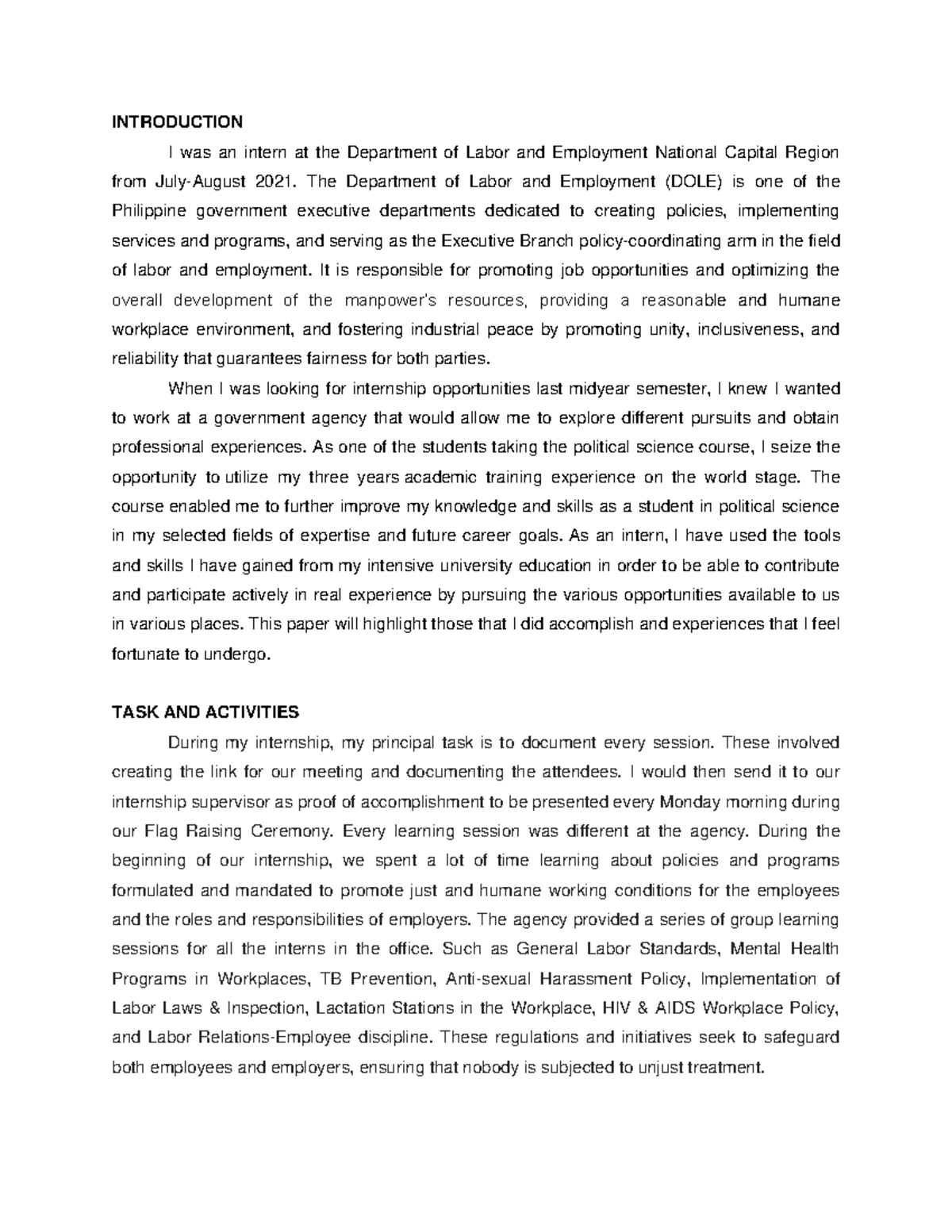 OJT Narrative Report: Insights from My Internship at DOLE - Studocu