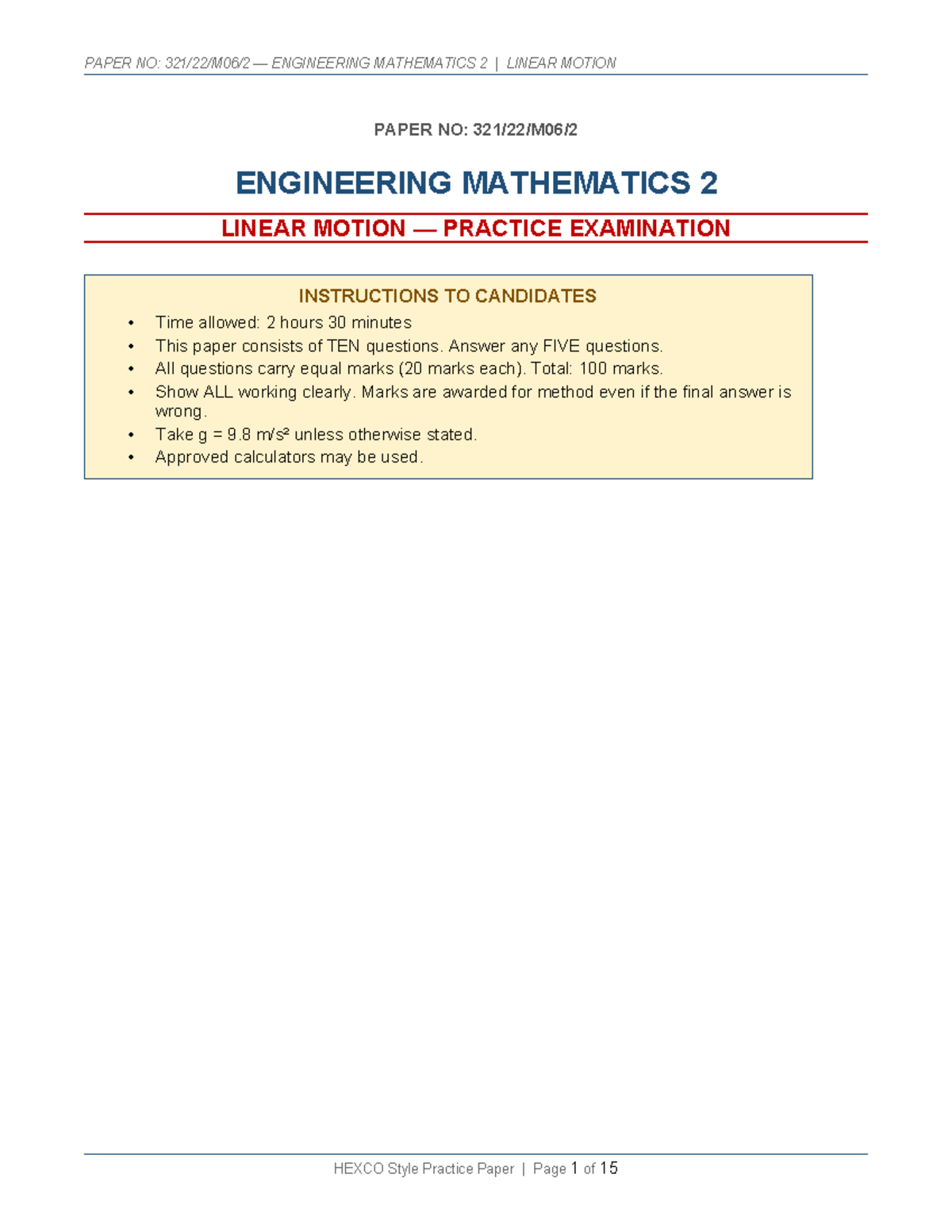 Engineering Mathematics 2: Linear Motion Practice Exam - Studocu