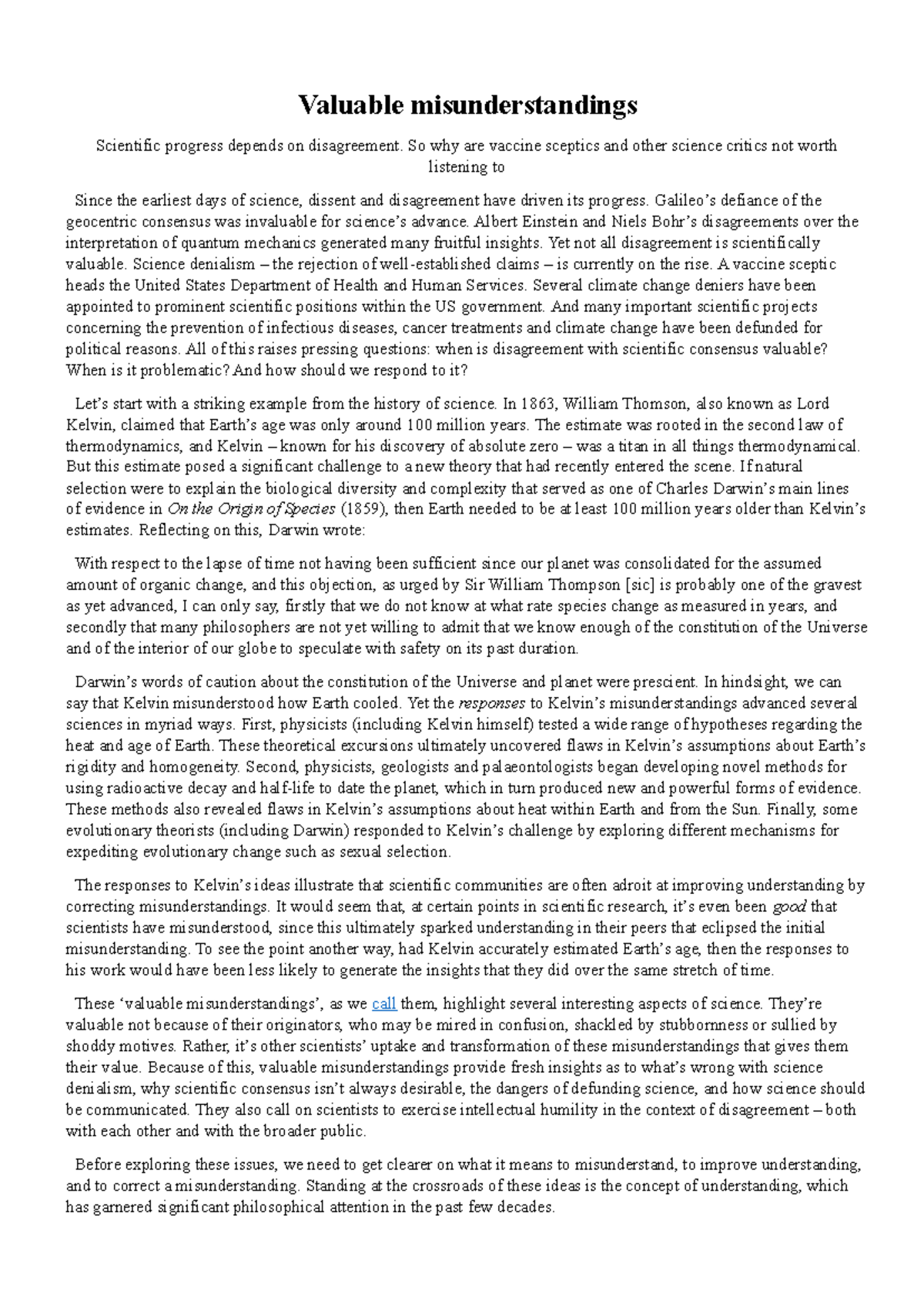 Valuable Misunderstandings: The Role of Disagreement in Science - Studocu