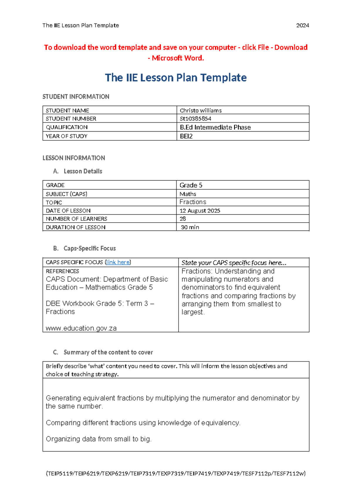 IIE Lesson Plan Template 2024: Grade 5 Maths on Fractions - Studocu