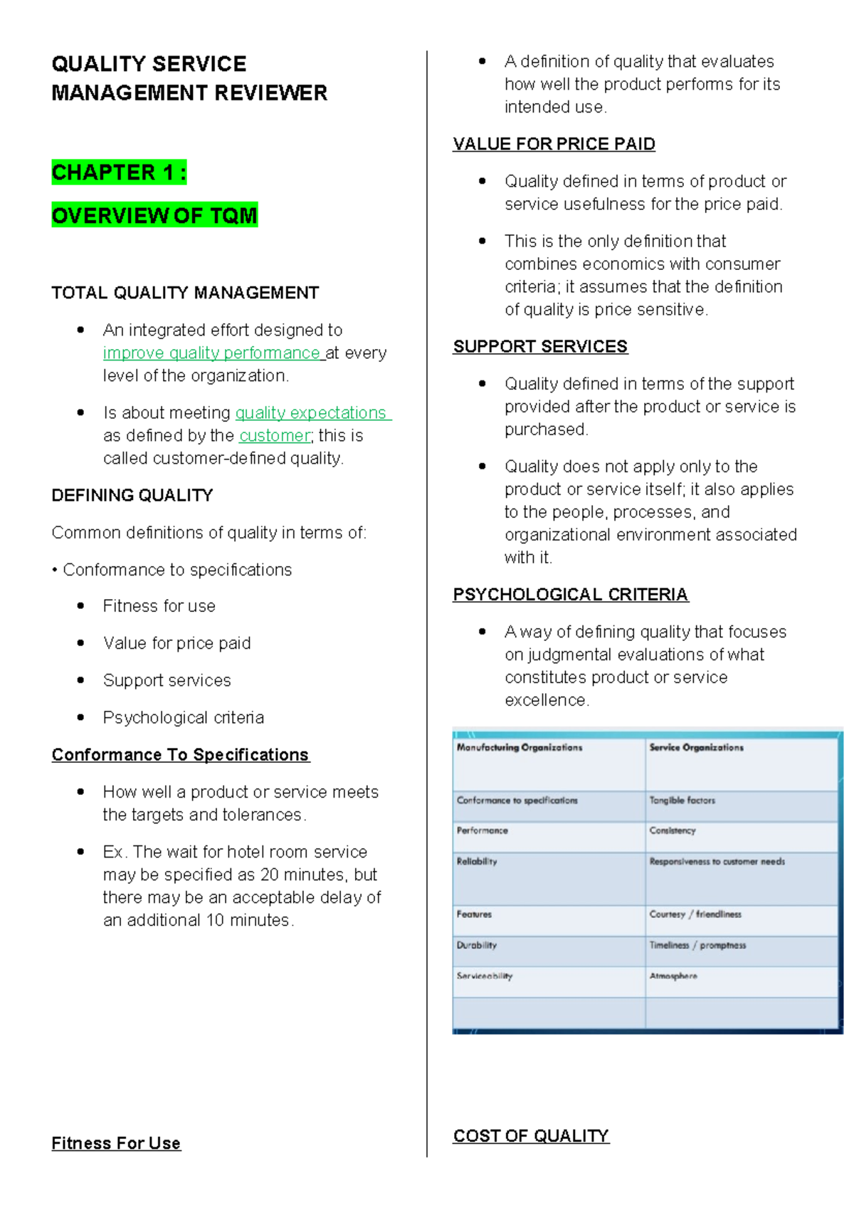 BS Hospitality Management_Exam Reviewer: Quality & Service Management ...