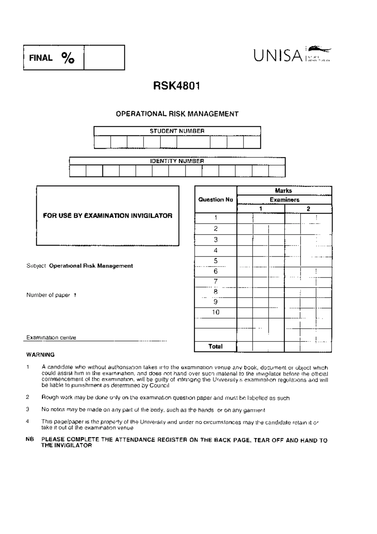 RSK 4801 study notes - summary of the Operational Risk management ...