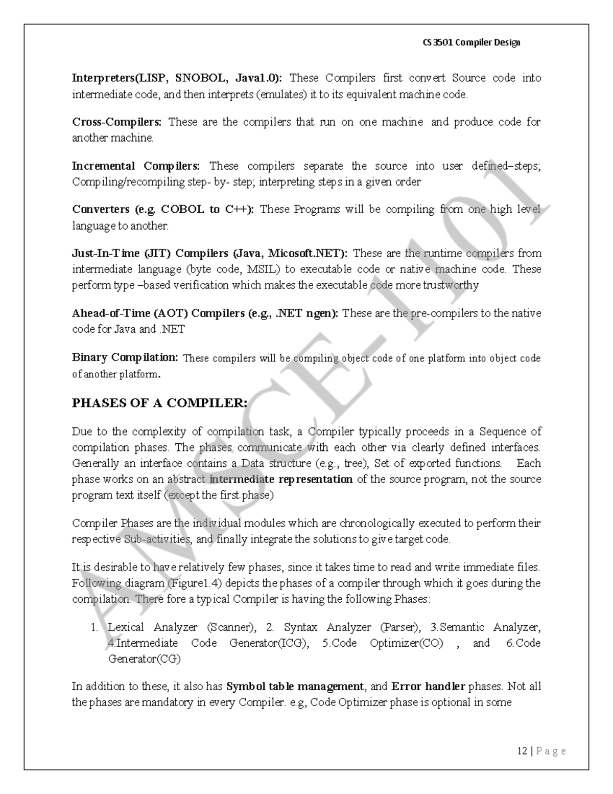 CS3501 Compiler Design: Phases and Types of Compilers - Studocu