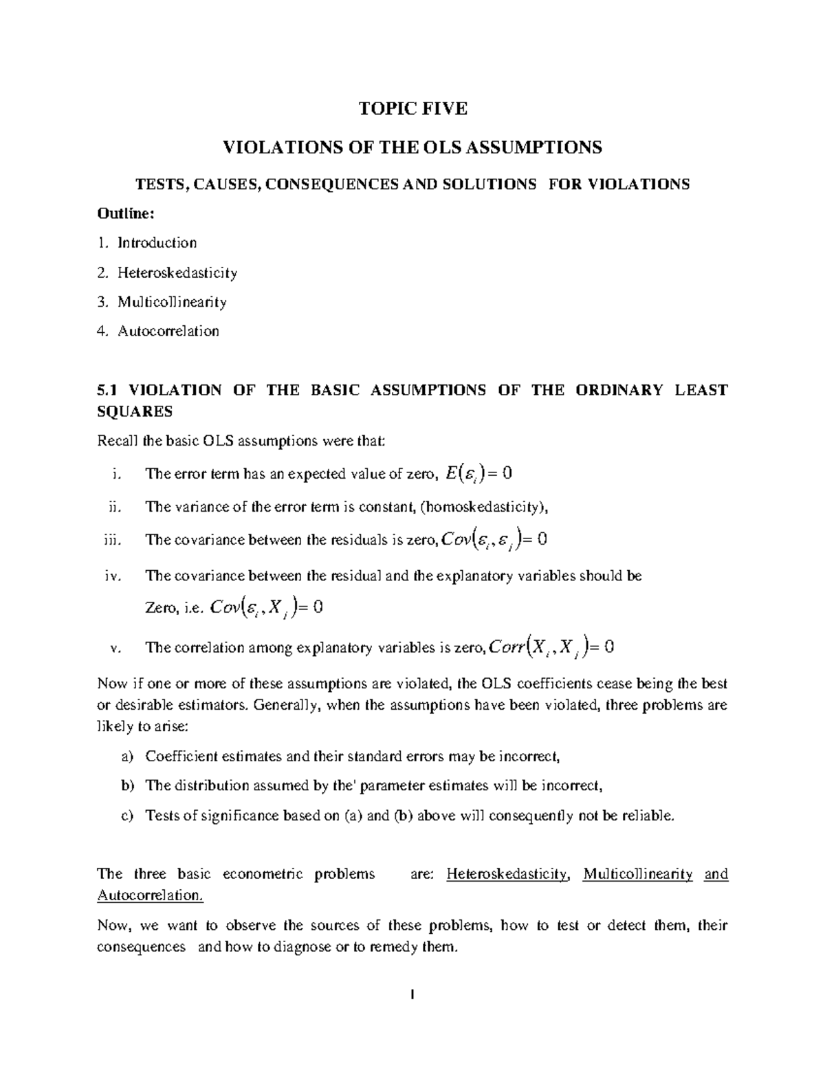 Topic 5 Violations OF THE OLS Assumptions - TOPIC FIVE VIOLATIONS OF ...