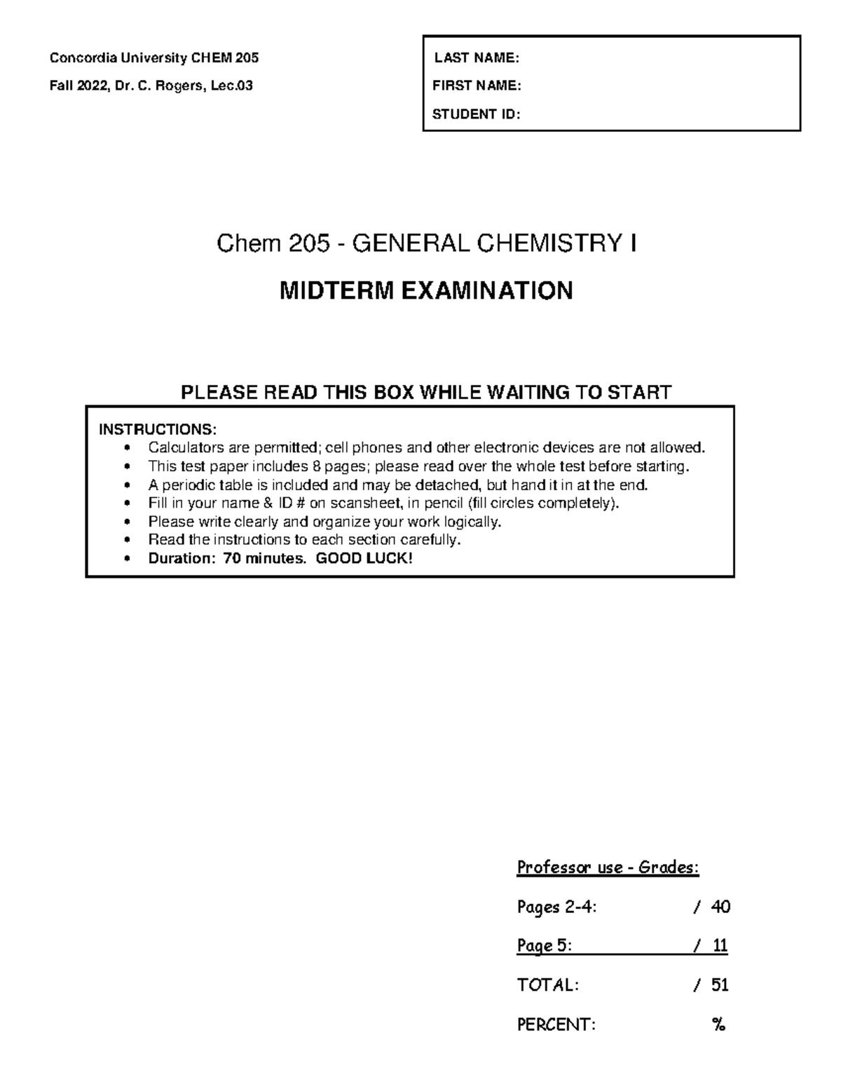 Concordia University CHEM 205 General Chemistry I Midterm Exam Practice ...