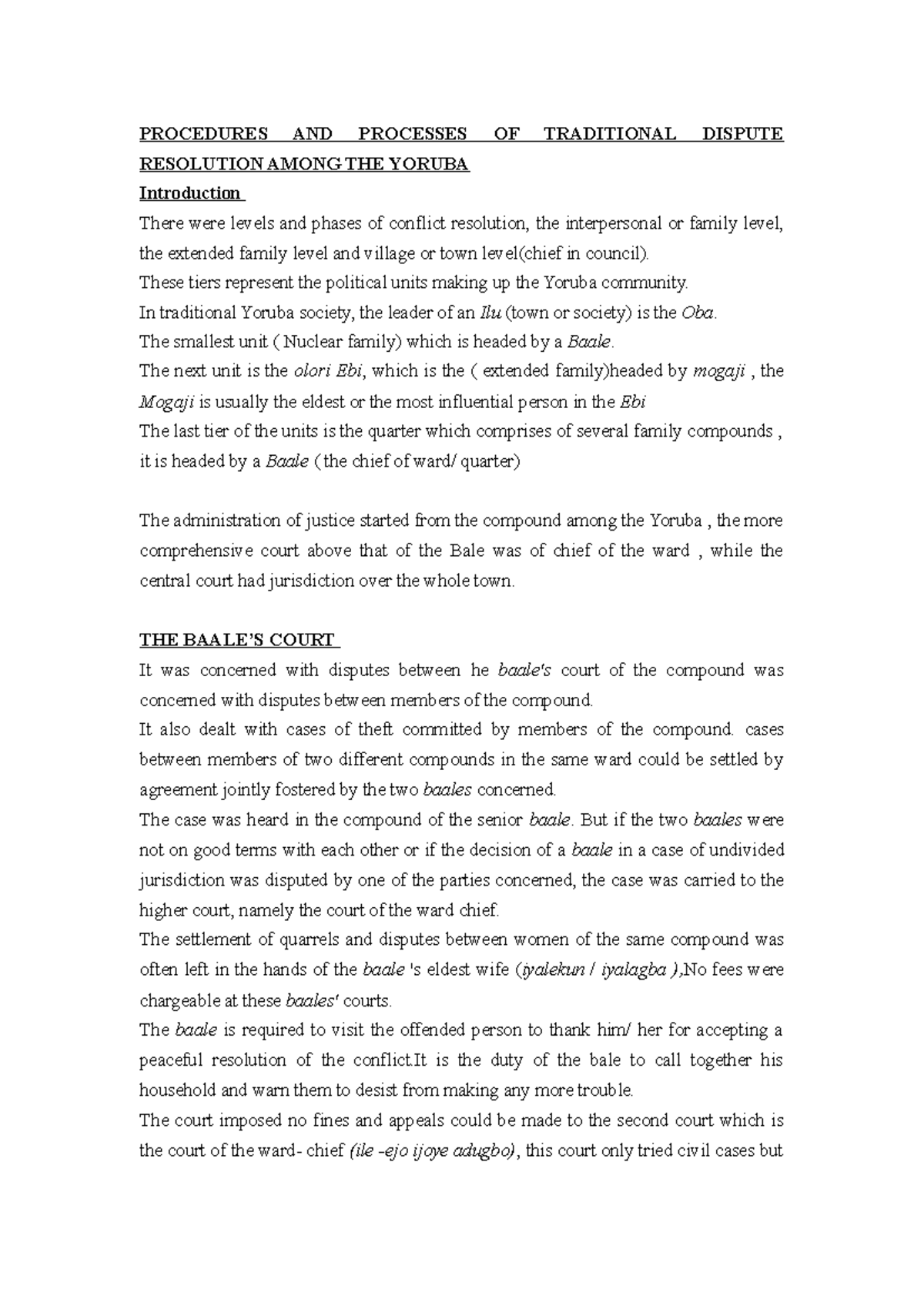 ADR Procedures in Traditional Dispute Resolution Among the Yoruba - Studocu
