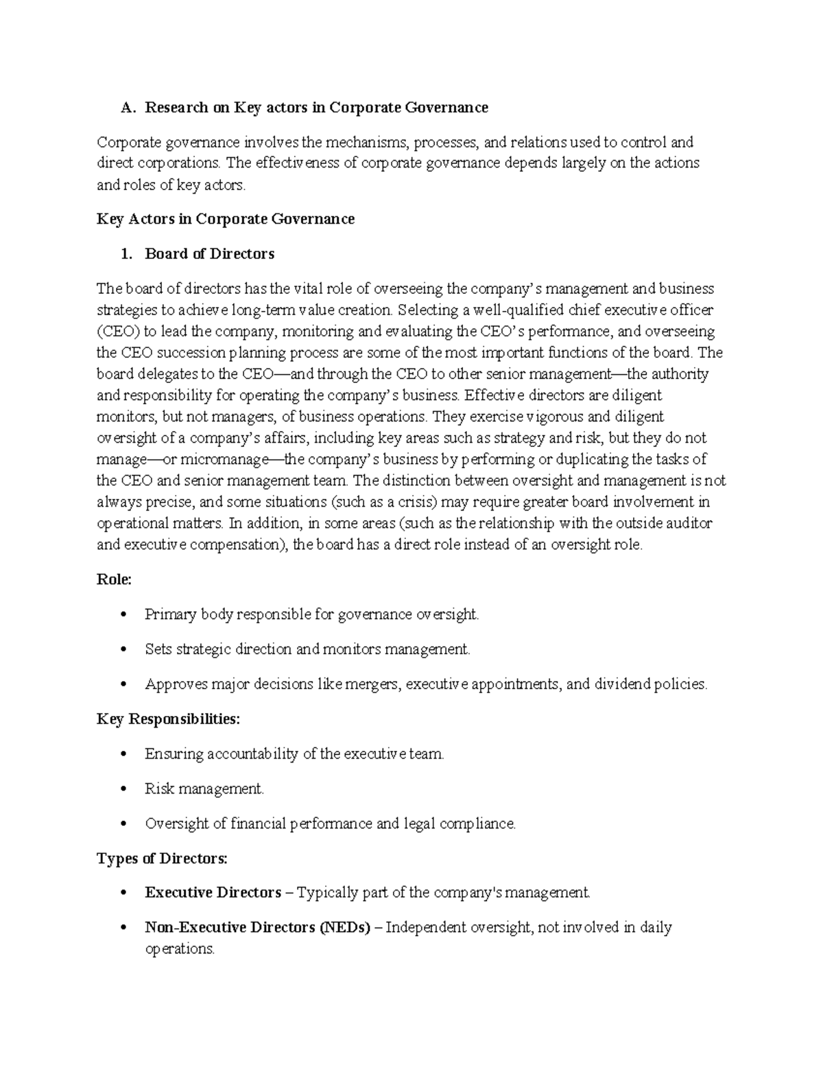 Corporate Governance: Key Actors and Principles Overview - Studocu