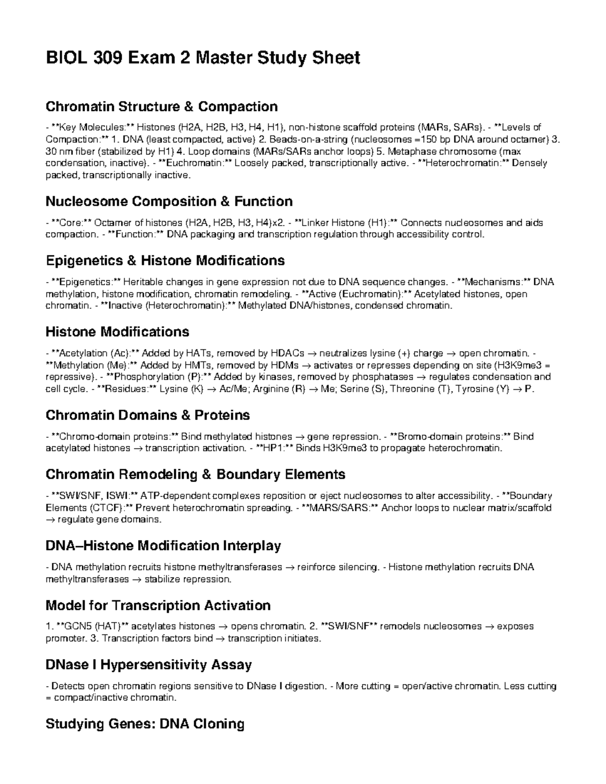 BIOL 309 Exam 2 Master Study Sheet: Chromatin Structure & Gene ...