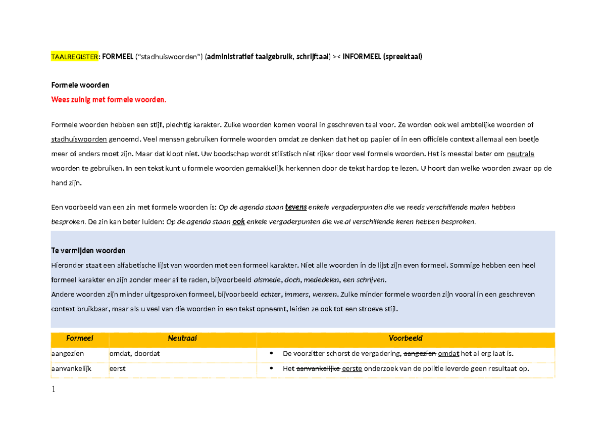 Les 4 - Taalregister: Formele vs Informele Woorden In Schrijftaal - Studocu