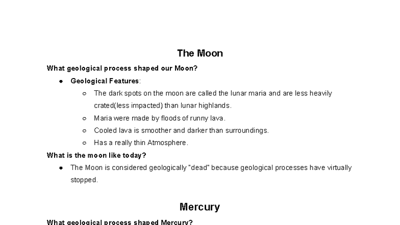 Chapter 9 - Geological Processes of Mercury and the Moon Notes - Studocu
