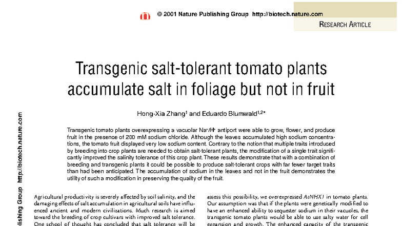 Transgenic Tomato Plants (Course Code: 90824) - Salt Accumulation in ...