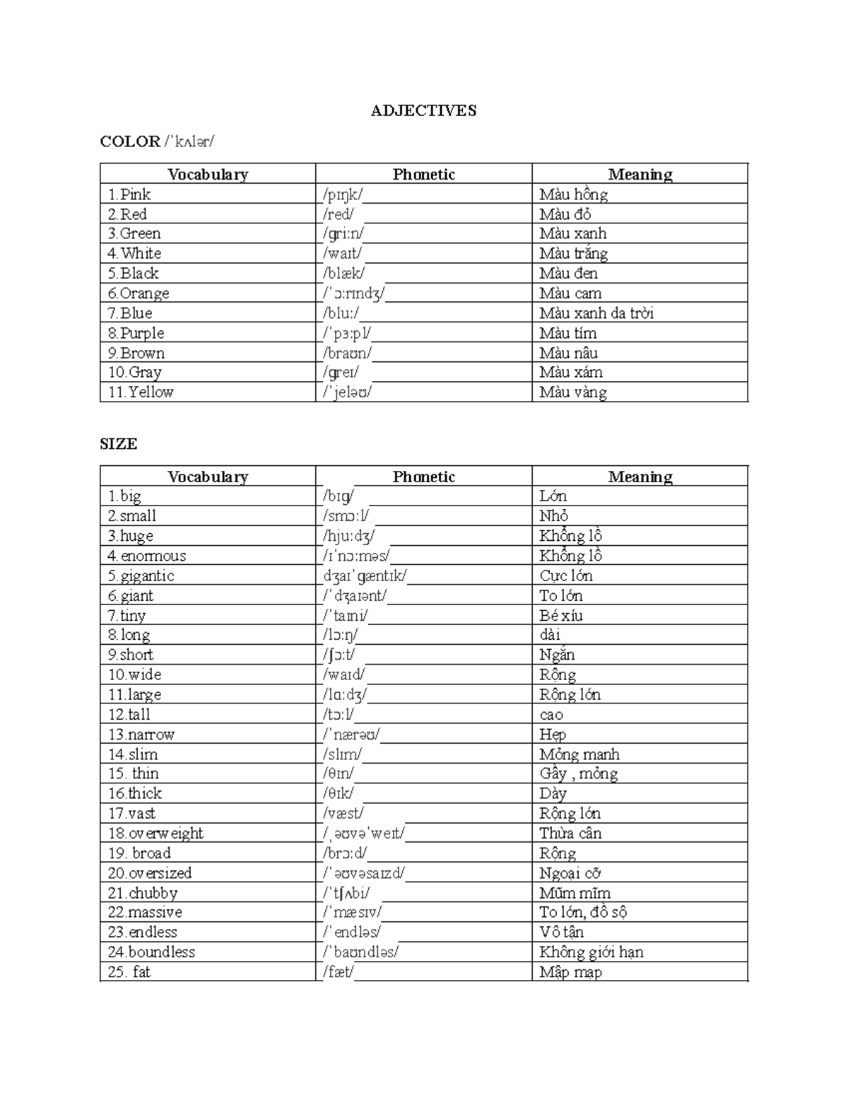 ADJECTIVES Vocabulary List: Colors, Sizes, Shapes, Tastes, and More ...