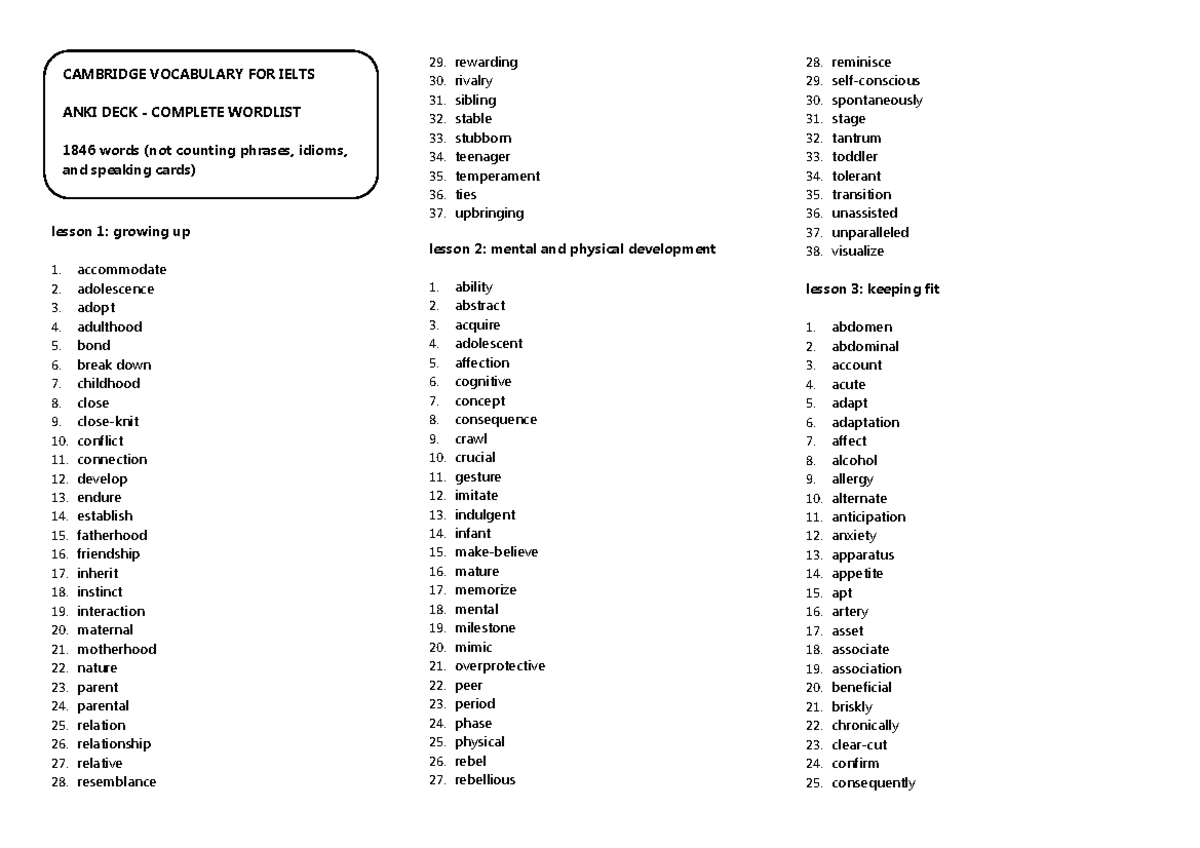 CAMBRIDGE VOCABULARY FOR IELTS: COMPLETE WORDLIST (LESSONS 1-20) - Studocu