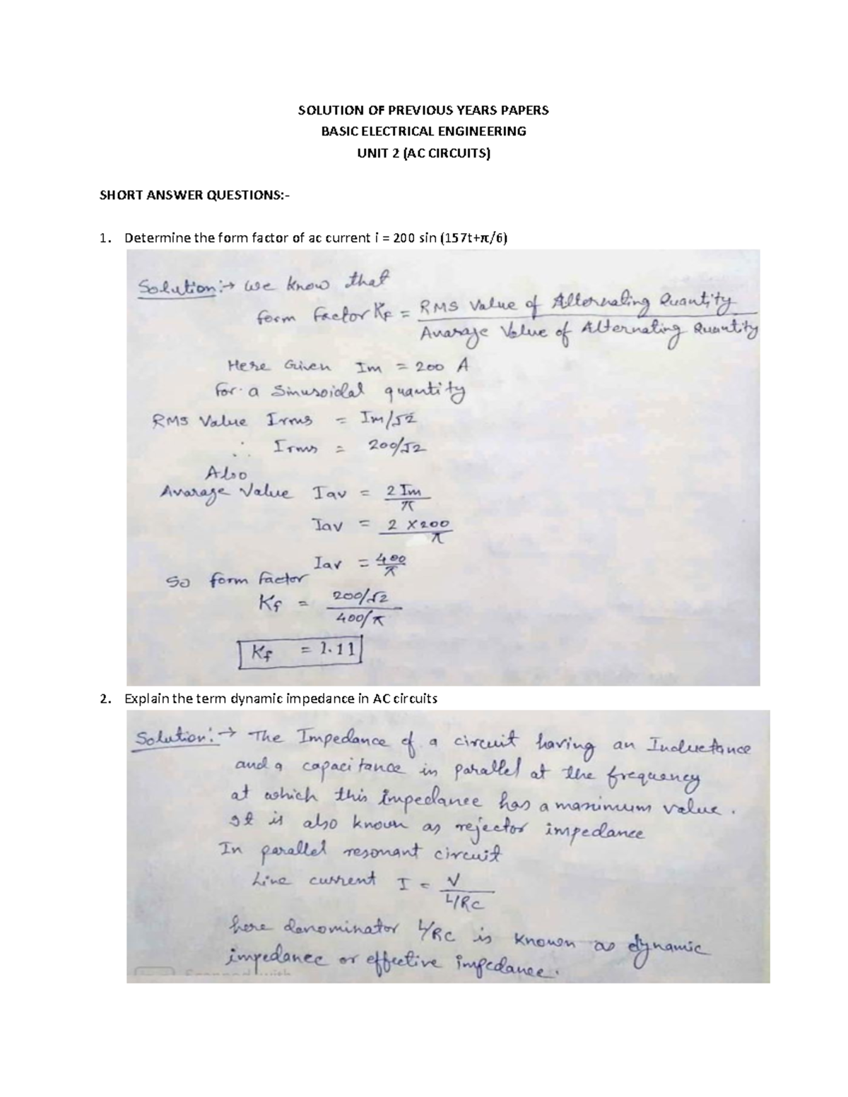 UNIT2 (KEE201) Solutions for Previous Year Papers in AC Circuits - Studocu